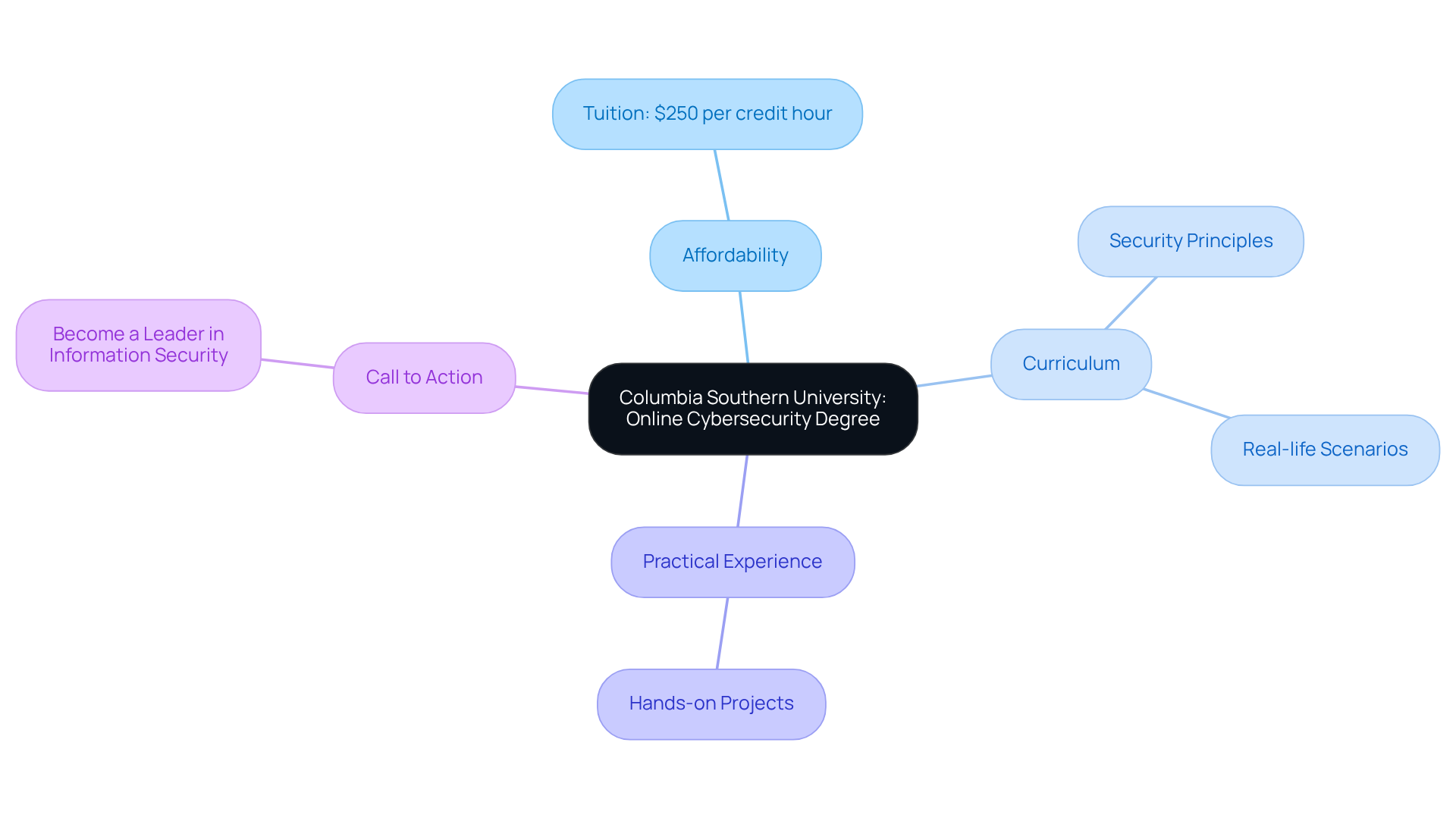 The central node represents the degree program, while the branches highlight important aspects like cost, curriculum, and the urgency to act. Each branch provides a deeper understanding of what the program offers.