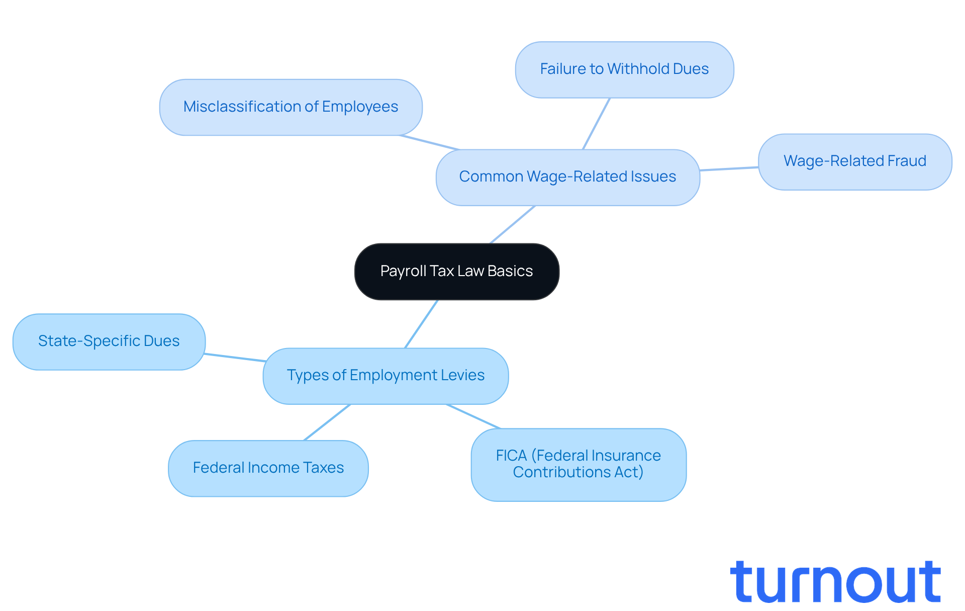 The central node represents the main topic, while the branches show different types of levies and common issues related to payroll tax law. Follow the branches to explore each area in detail.