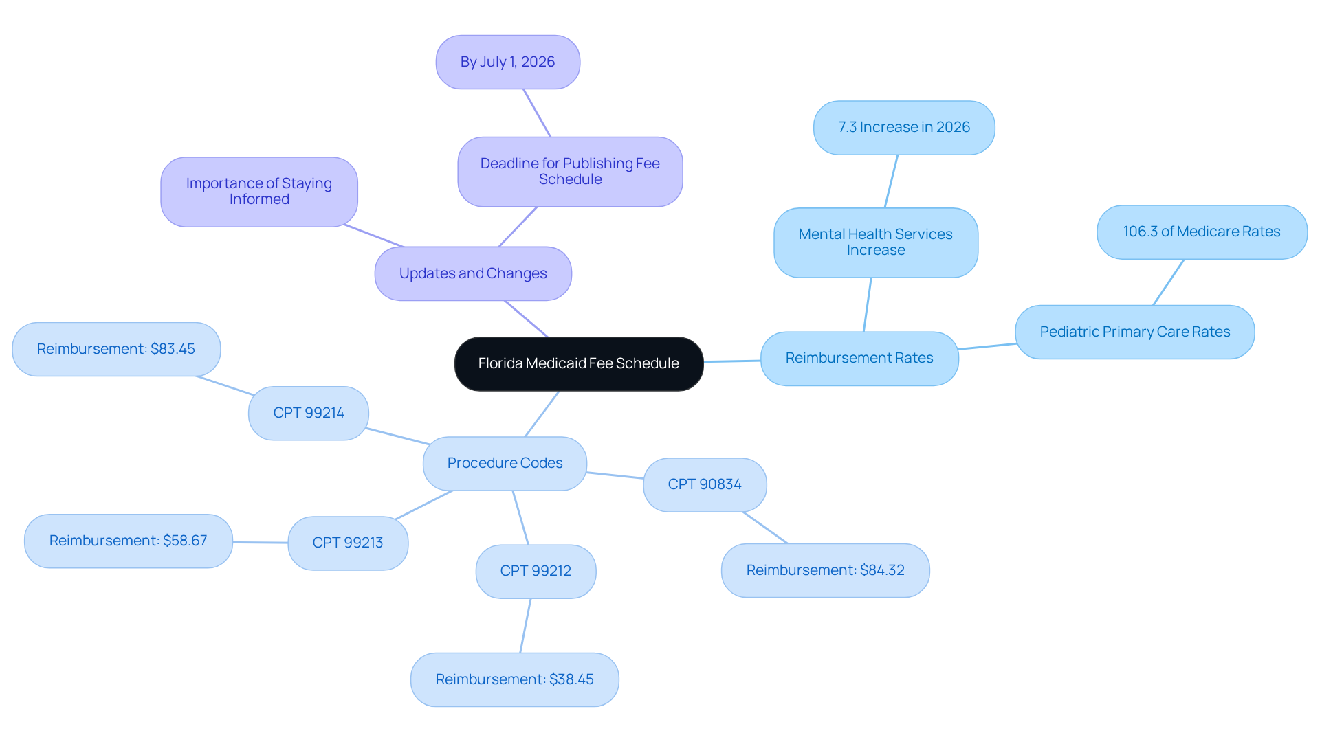 This mindmap starts with the main topic in the center and branches out to show key components. Each branch represents an important aspect of the fee schedule, helping you see how they connect and why they matter for healthcare professionals.