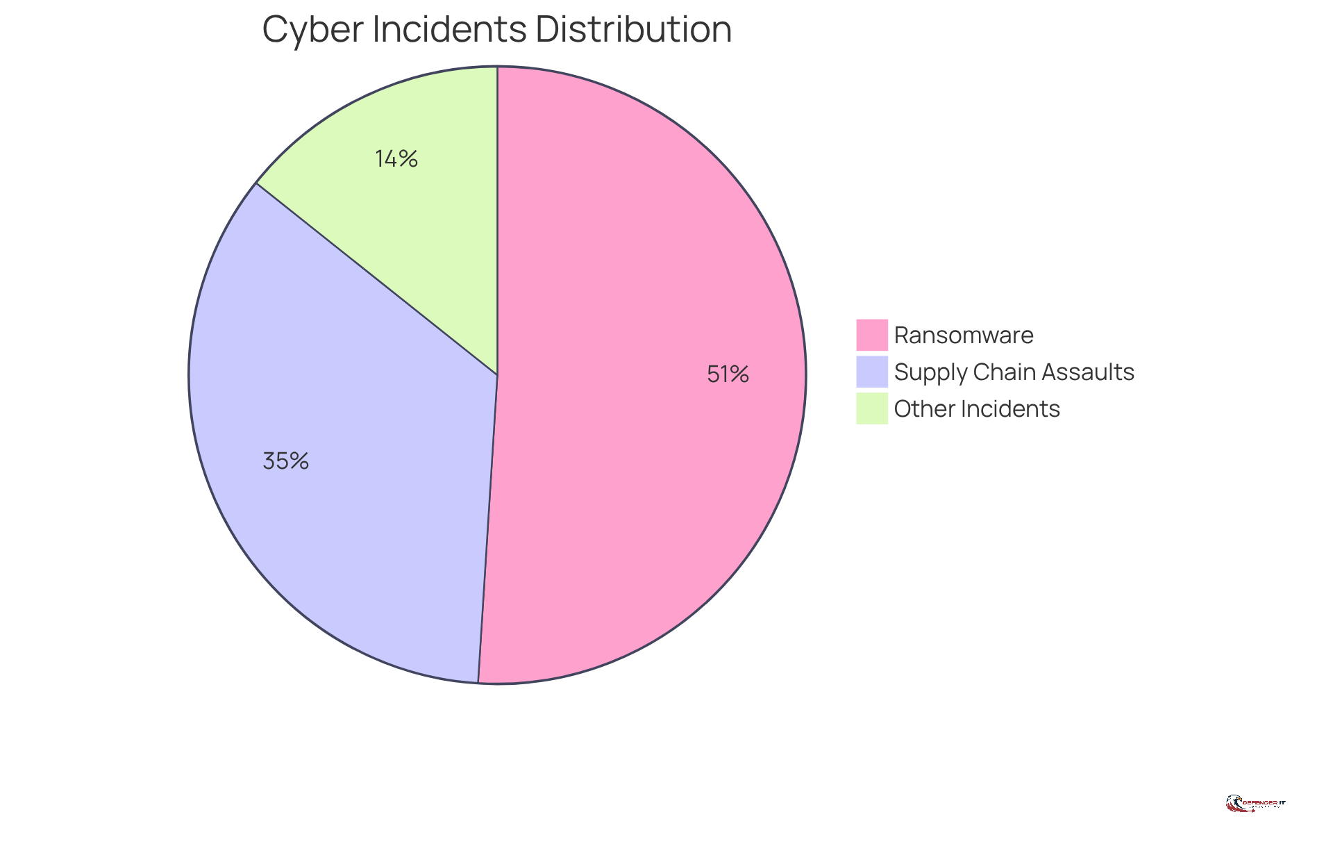 Each slice of the pie represents a type of cybersecurity incident. The larger the slice, the more prevalent that type of incident is in the manufacturing sector. For example, the red slice shows the percentage of incidents caused by ransomware, highlighting its significant impact. Each slice of the pie represents a type of cybersecurity incident. The larger the slice, the more prevalent that type of incident is in the manufacturing sector. For example, the red slice shows the percentage of incidents caused by ransomware, highlighting its significant impact.
