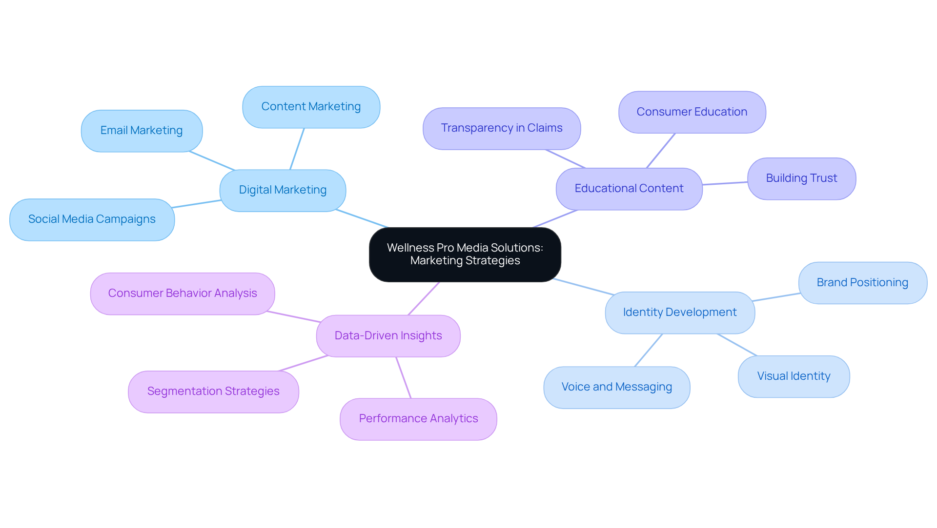 This mindmap illustrates how different marketing strategies connect to help wellness brands thrive. Start at the center with the main theme, then explore each branch to see the specific strategies and their benefits.