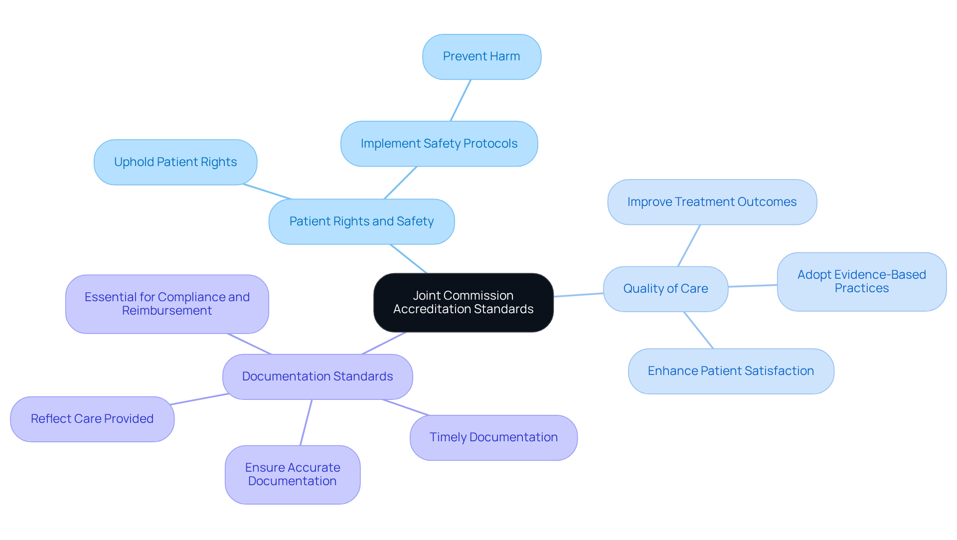 The center represents the main accreditation standards, while the branches show key focus areas. Each sub-branch provides specific details on what organizations need to consider for compliance.