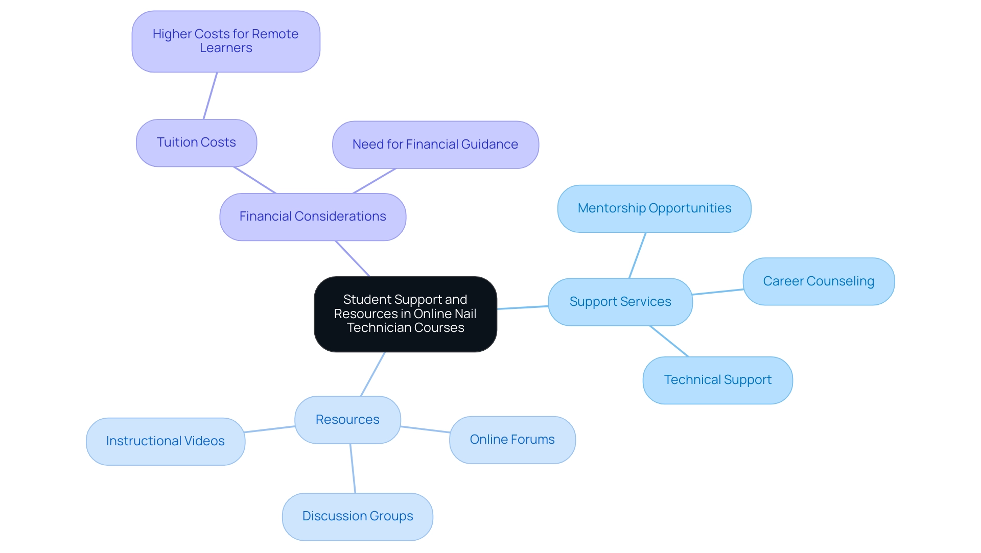 The central node represents the overall topic, with branches indicating different categories of support services and resources available to students.