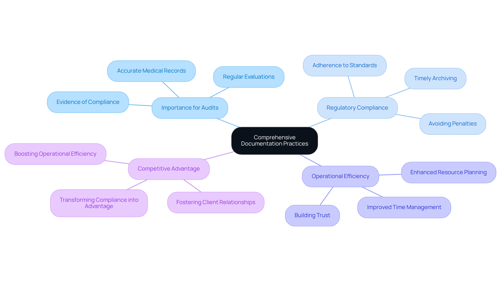 Start at the center with the main idea of documentation practices, then follow the branches to explore how each aspect supports audits and compliance in healthcare.
