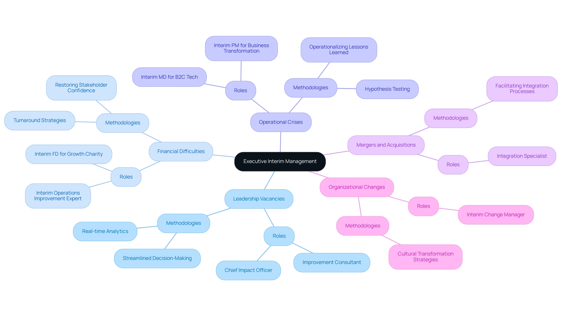 Each branch represents a scenario where interim management is applicable, with sub-branches detailing the roles and methodologies associated with each scenario.