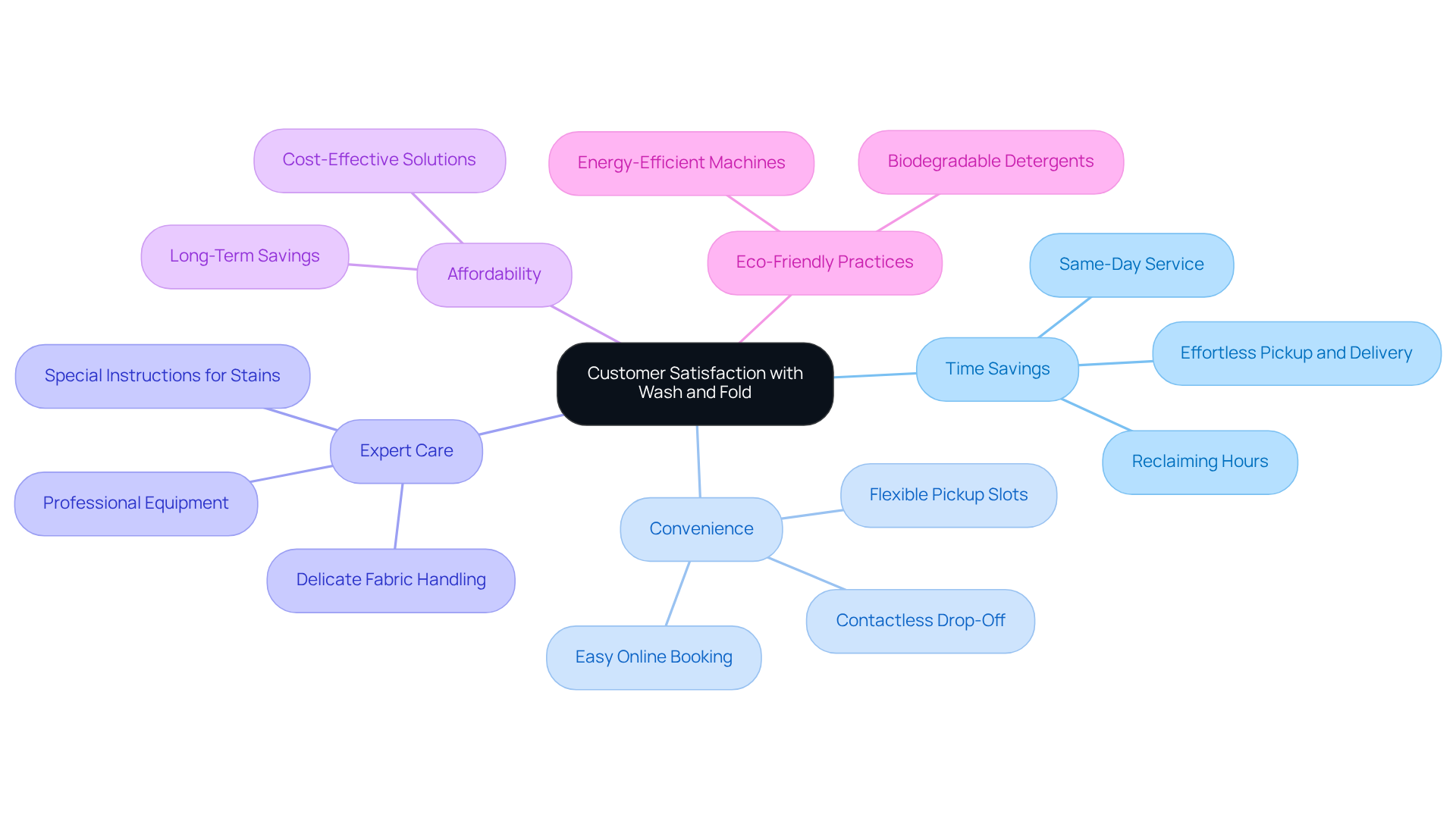 The central node represents overall customer satisfaction, with branches showing the main reasons for choosing wash and fold services. Each sub-branch provides further details, helping you understand what busy professionals value most. The central node represents overall customer satisfaction, with branches showing the main reasons for choosing wash and fold services. Each sub-branch provides further details, helping you understand what busy professionals value most.