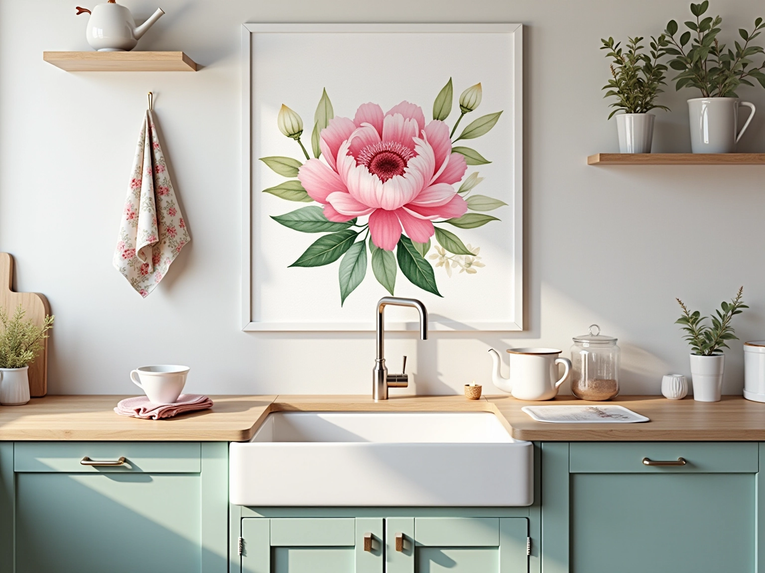 Cheerful Kitchen with Watercolor Peony Art