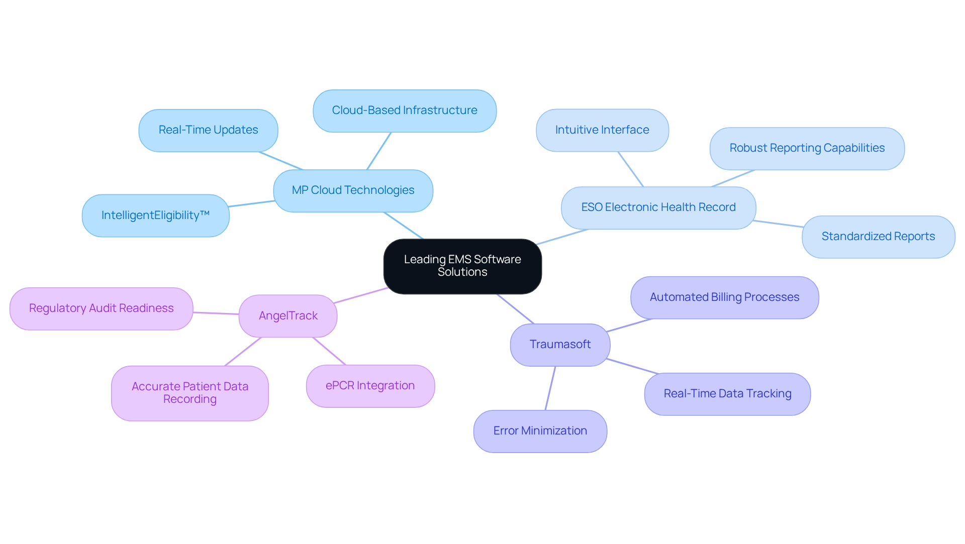 Each main branch represents a software solution, while the sub-branches showcase its unique features related to regulatory compliance. This layout helps you see at a glance which software might best fit the compliance needs of EMS organizations.