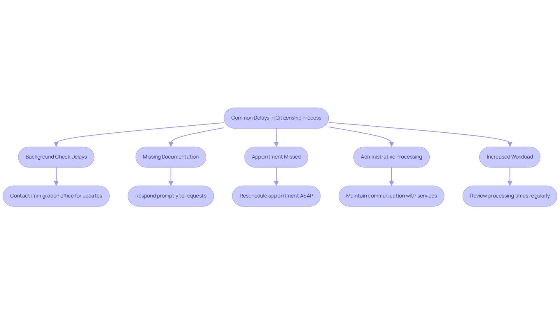 This flowchart helps you navigate common delays in the citizenship process. Each box represents a specific delay, and the arrows guide you to the solutions for each issue. Follow the flow to understand how to tackle each challenge effectively.