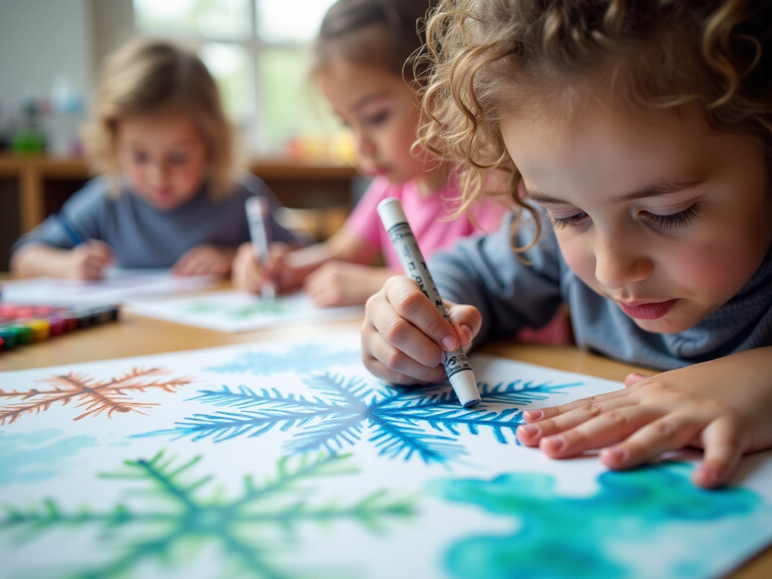 Children Creating Crayon Resist Snowflakes