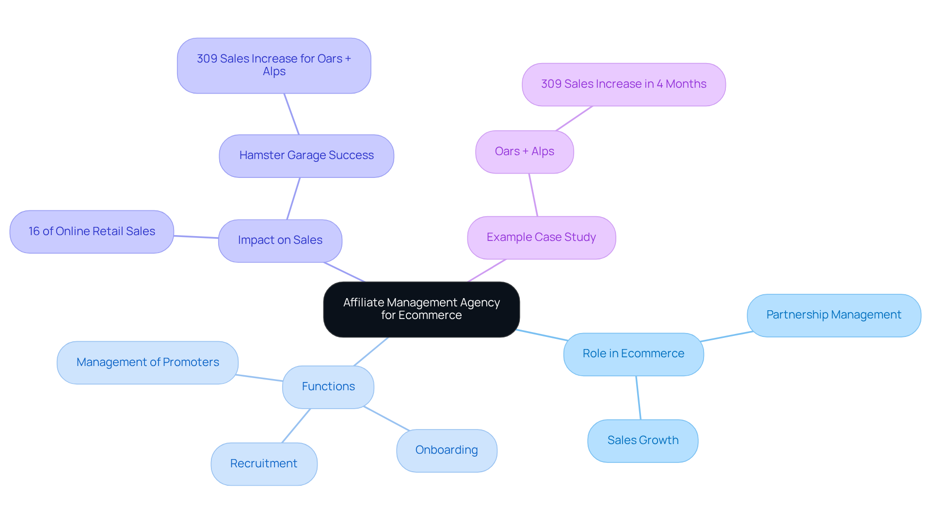 This mindmap illustrates the key aspects of affiliate management agencies. Start at the center with the main idea, then explore how these agencies function, their impact on sales, and a real-world example to see their importance in the ecommerce landscape. This mindmap illustrates the key aspects of affiliate management agencies. Start at the center with the main idea, then explore how these agencies function, their impact on sales, and a real-world example to see their importance in the ecommerce landscape.