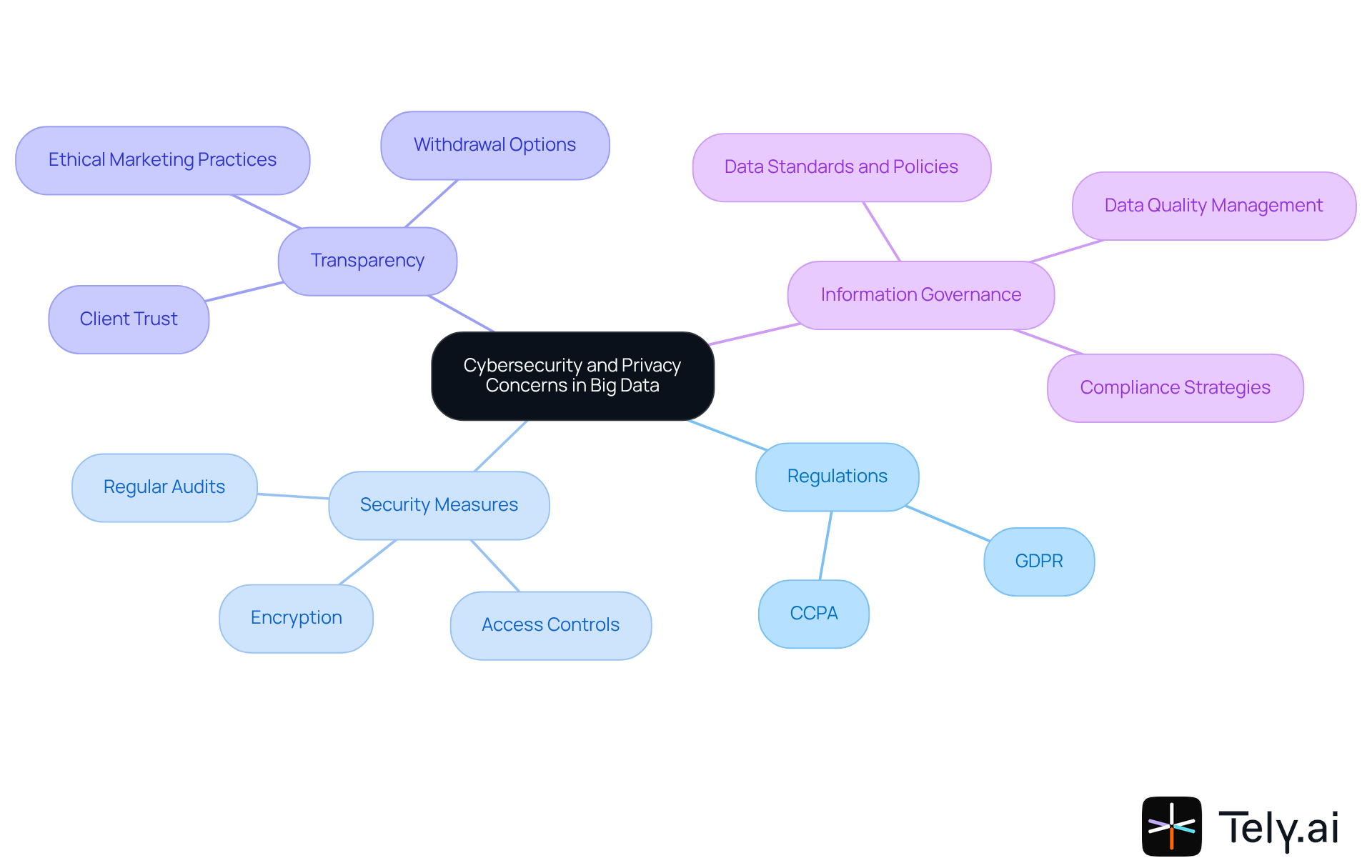 The central idea is 'Cybersecurity and Privacy Concerns in Big Data'. Each branch represents a key area of focus, with further details branching out from those. This structure helps visualize how different elements interact and relate to the overall theme.