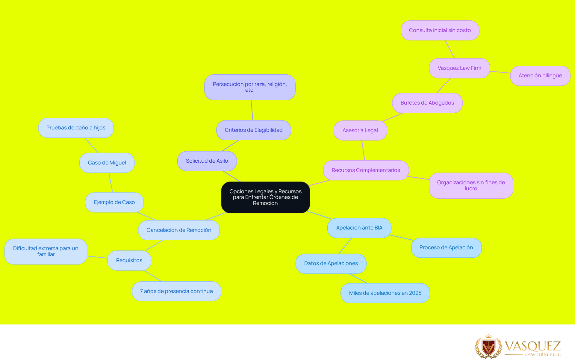 El nodo central representa el tema principal, y las ramas indican las distintas opciones legales y recursos. Las sub-ramas brindan detalles específicos, ayudando a entender mejor cada opción. El nodo central representa el tema principal, y las ramas indican las distintas opciones legales y recursos. Las sub-ramas brindan detalles específicos, ayudando a entender mejor cada opción.