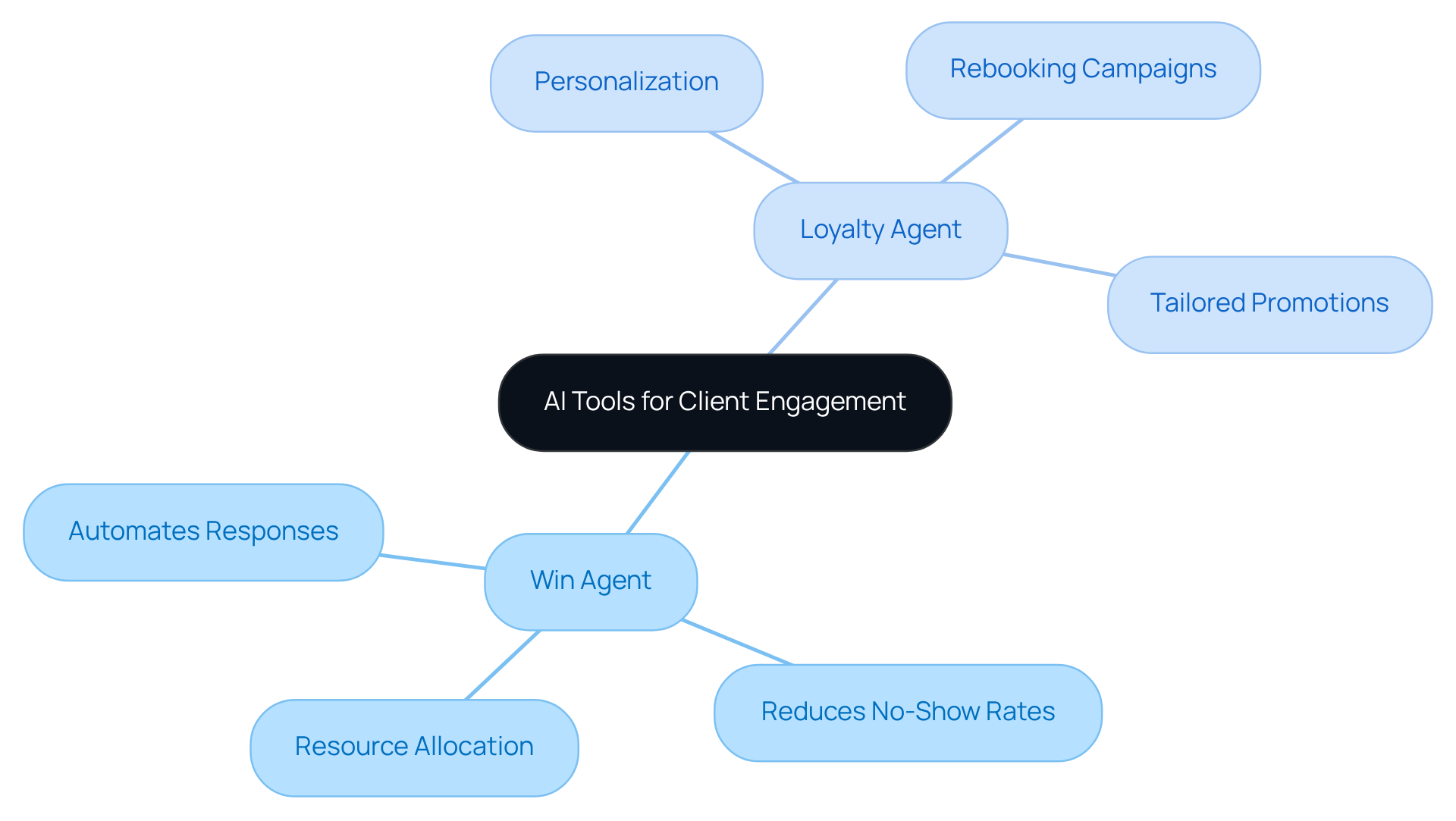 The central node represents the main theme, while the branches show the specific tools and their benefits. Each branch connects to sub-branches that detail how these tools help salon owners engage and retain clients.