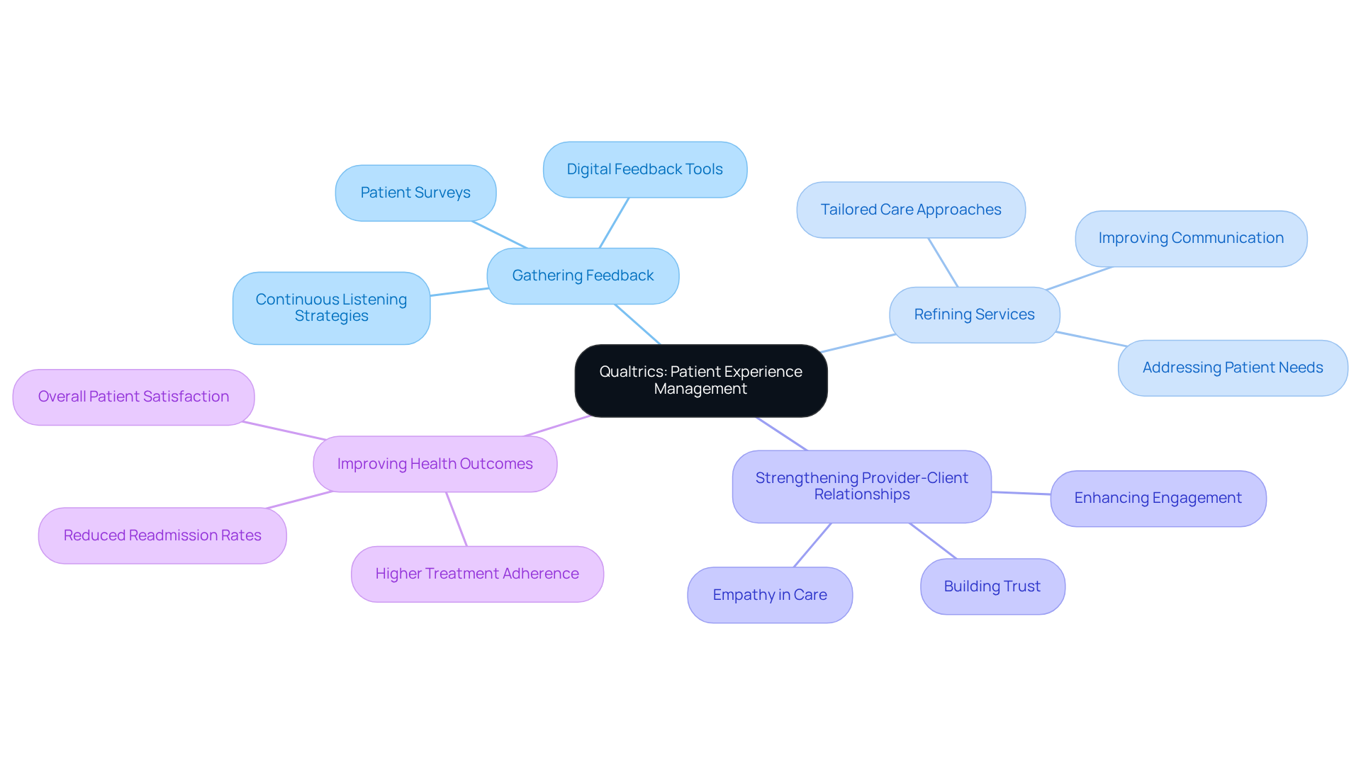 The central node represents the main focus on patient experience, while the branches illustrate how feedback and service refinement contribute to better health outcomes. Each branch shows a different aspect of the process, helping you understand the interconnectedness of client experience and care quality.