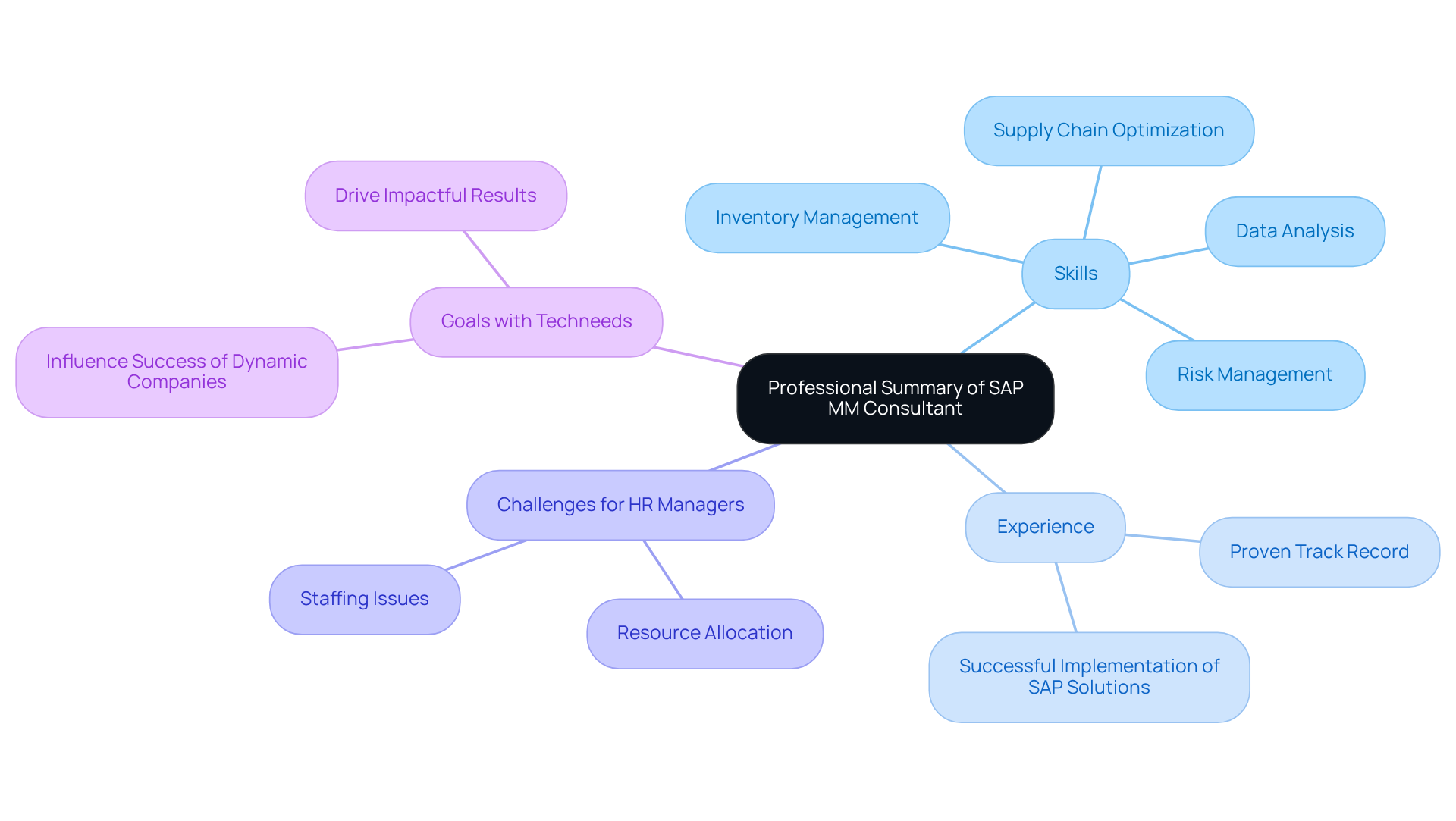 The center node represents the consultant's professional identity, while branches represent their skills, relevant experiences, and how they can help Techneeds solve HR challenges. The center node represents the consultant's professional identity, while branches represent their skills, relevant experiences, and how they can help Techneeds solve HR challenges.