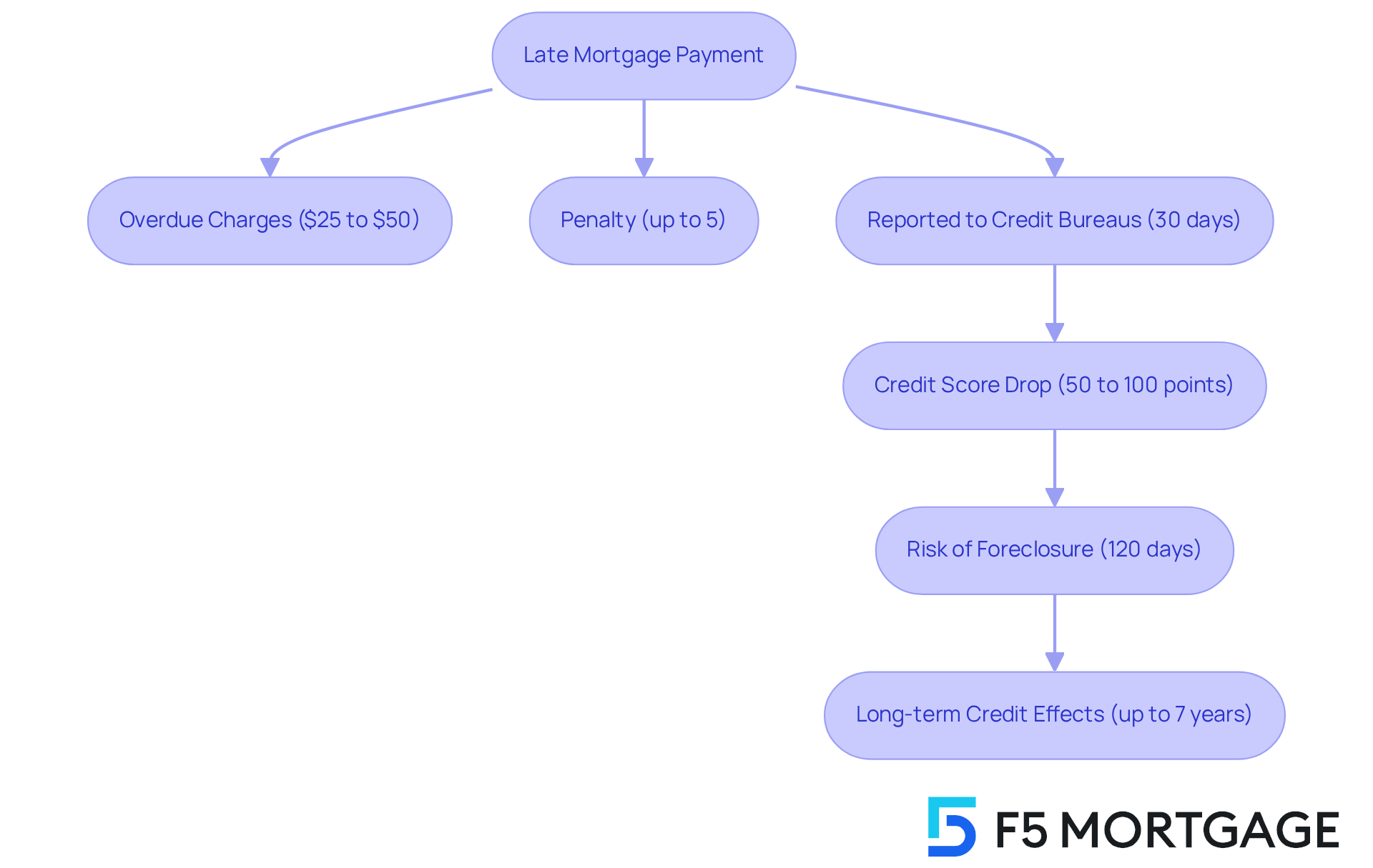 Each box represents a consequence of late payments — follow the arrows to see how one issue leads to another, from immediate charges to long-term credit impacts. Each box represents a consequence of late payments — follow the arrows to see how one issue leads to another, from immediate charges to long-term credit impacts.