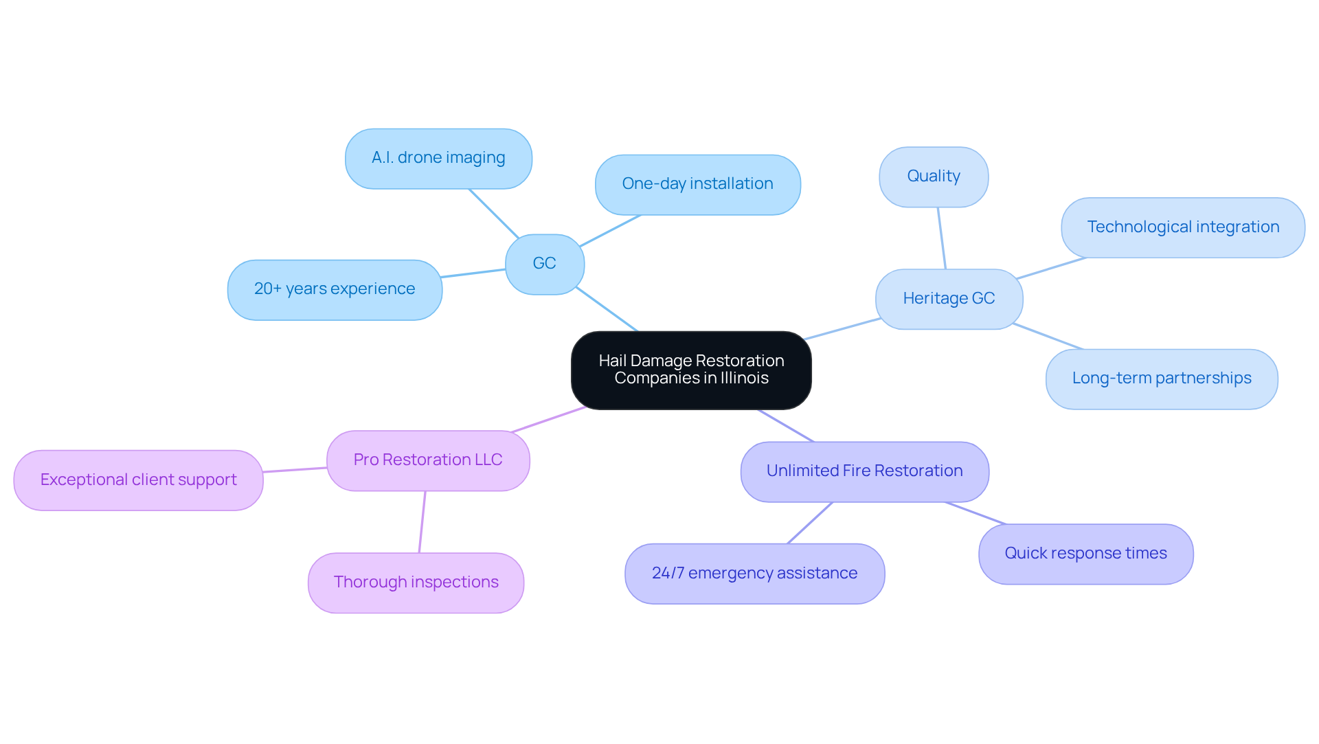 The central node represents the overall topic, while each branch shows a different company. The sub-branches highlight what makes each company unique, helping you quickly understand their strengths.