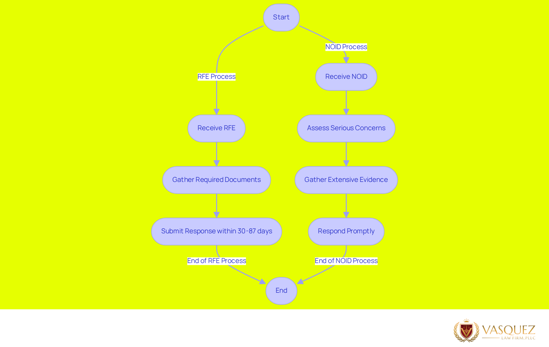 This flowchart helps you navigate the differences between an RFE and a NOID. Follow the blue path for RFEs, which require a timely but less intensive response, and the red path for NOIDs, which demand a more urgent and thorough defense of your application. Each step guides you on what to do next based on the type of notice you receive.