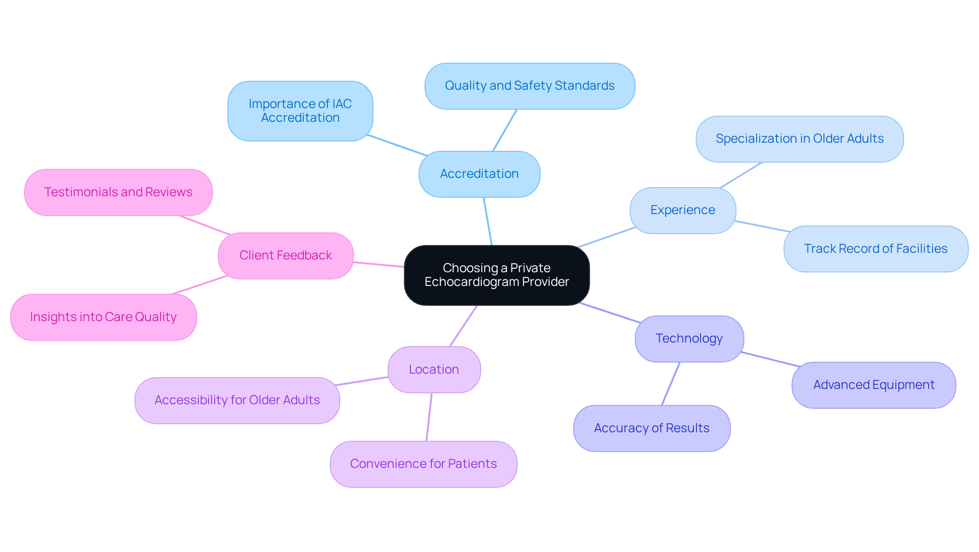 The center represents the main decision of choosing a provider, while the branches show the important factors to consider. Each factor is connected to specific details that help you understand why they matter. The center represents the main decision of choosing a provider, while the branches show the important factors to consider. Each factor is connected to specific details that help you understand why they matter.
