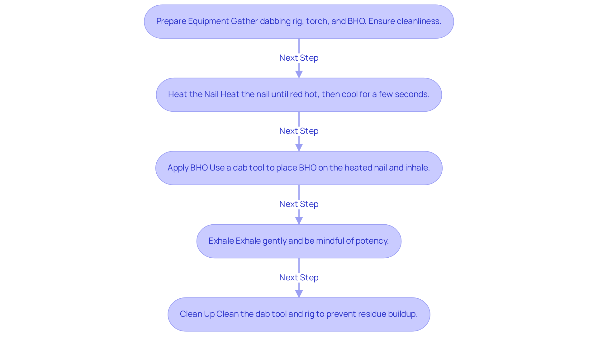 Each box represents a step in the process of using BHO safely. Follow the arrows from the top to the bottom to understand what to do next — starting from preparation all the way to cleaning up after your session.