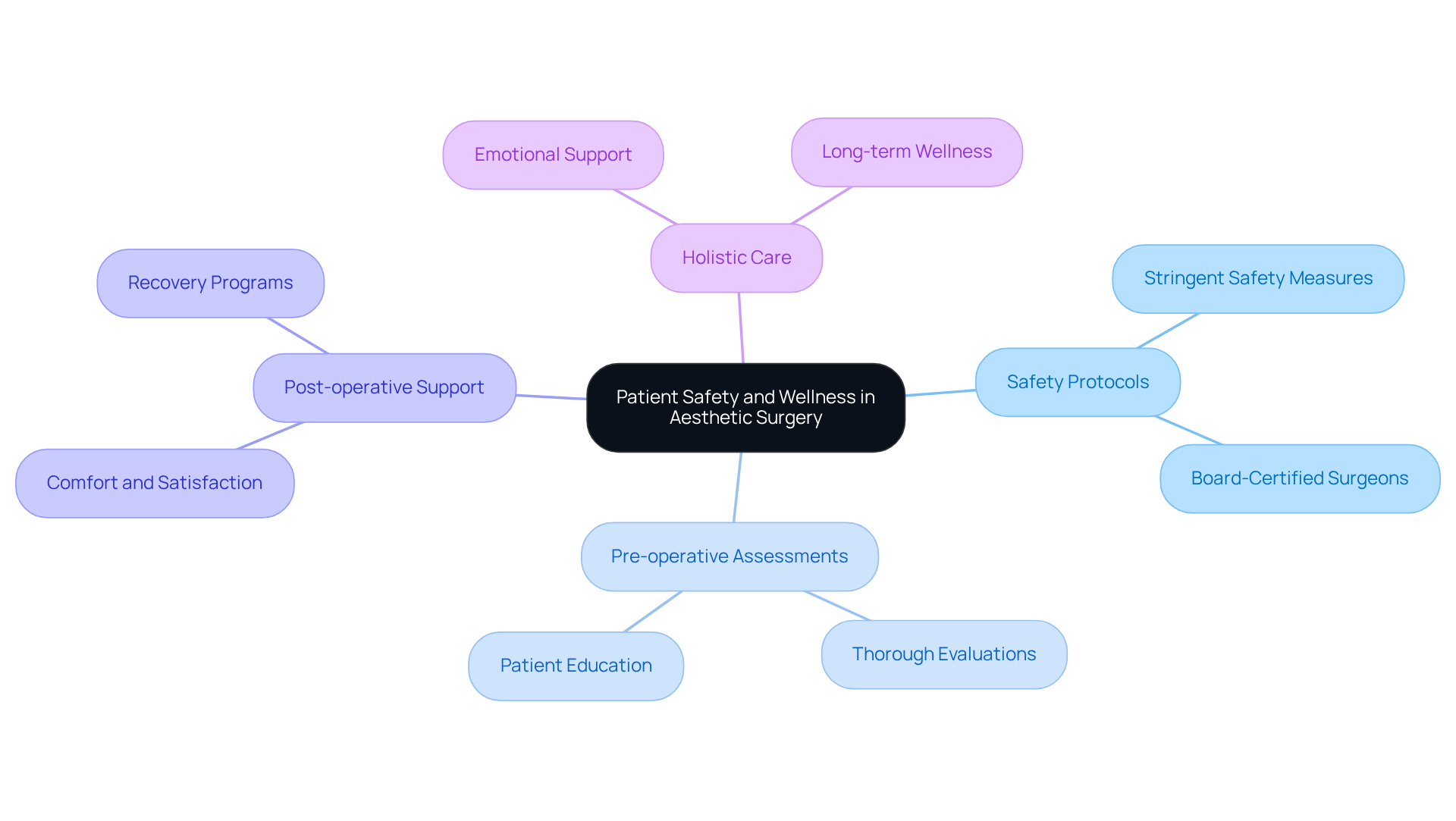 This mindmap illustrates how different aspects of patient care in aesthetic surgery are interconnected. Start at the center with the main theme, then explore each branch to see how safety protocols, assessments, and support contribute to overall wellness.