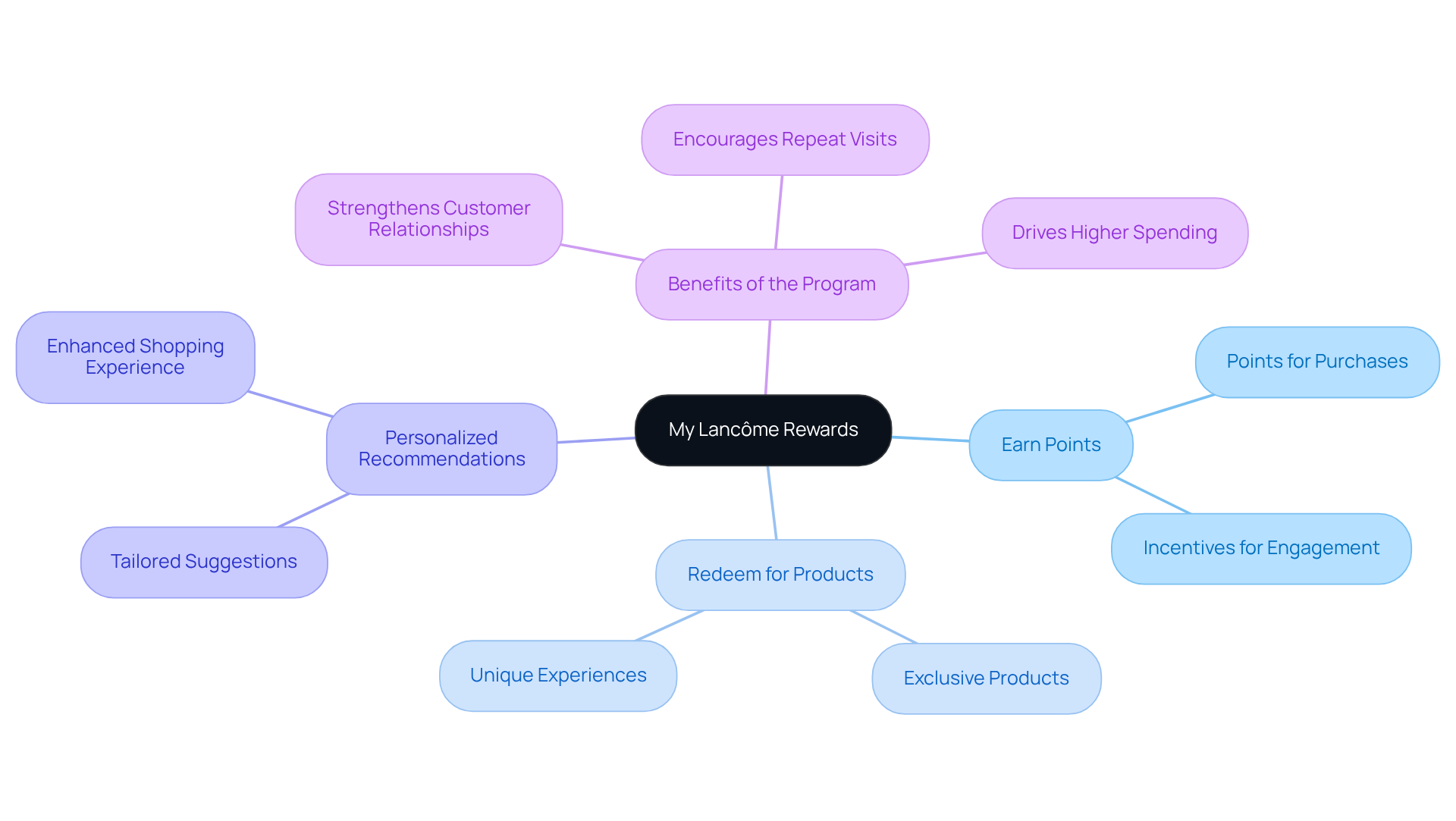 The center represents the loyalty program, with branches showing its features and benefits. Each branch helps you see how the program works and why it matters to both customers and Lancôme.