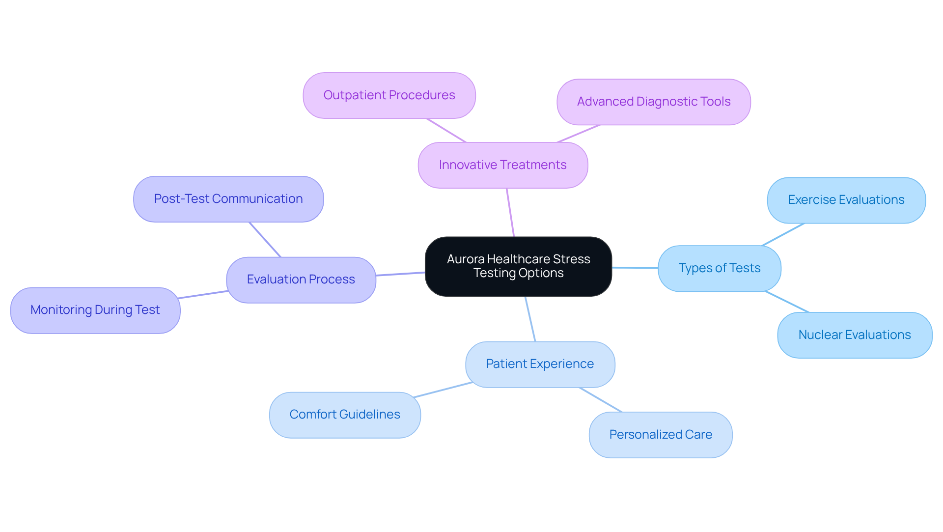 Start at the center with the main topic of stress testing. Follow the branches to explore different types of tests, how patients are cared for, and the evaluation process. Each branch represents a key aspect of the services offered.