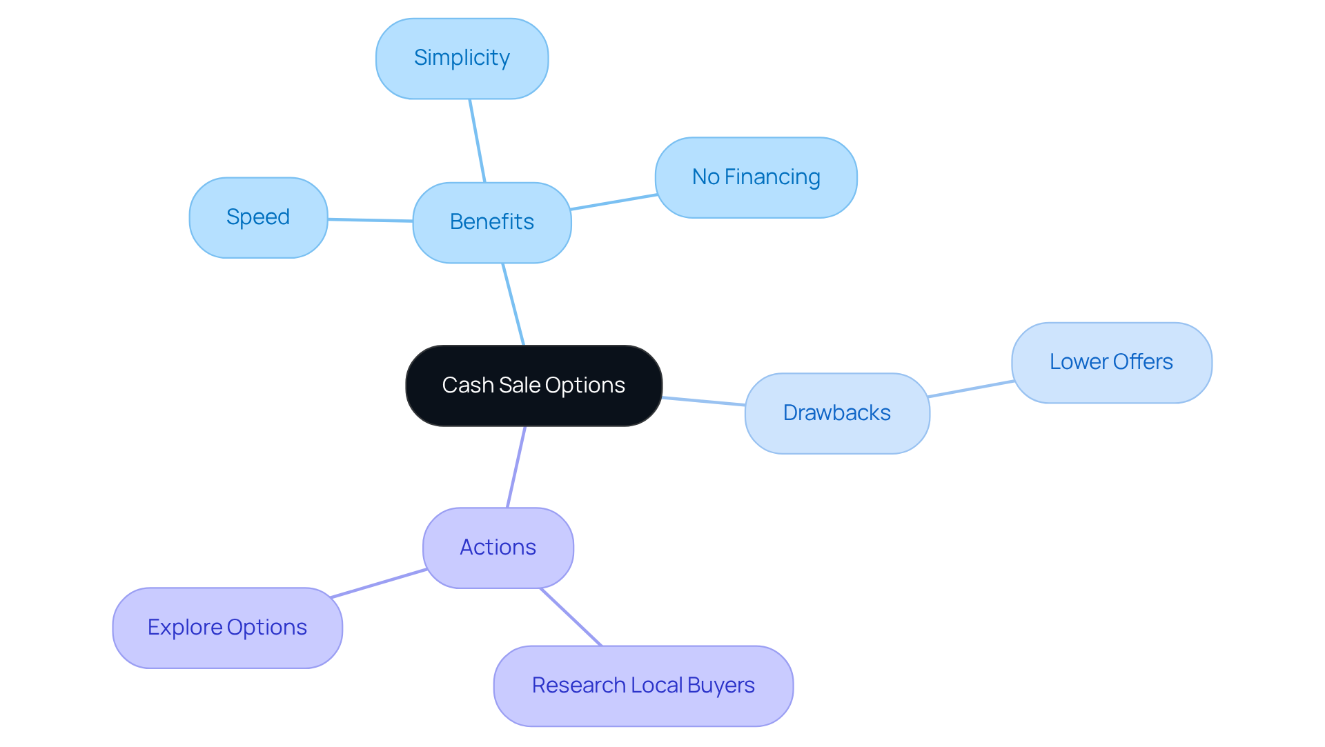Start at the center with cash sale options, then follow the branches to see the benefits, drawbacks, and actions you can take. Each color represents a different category, making it easy to navigate through the information.