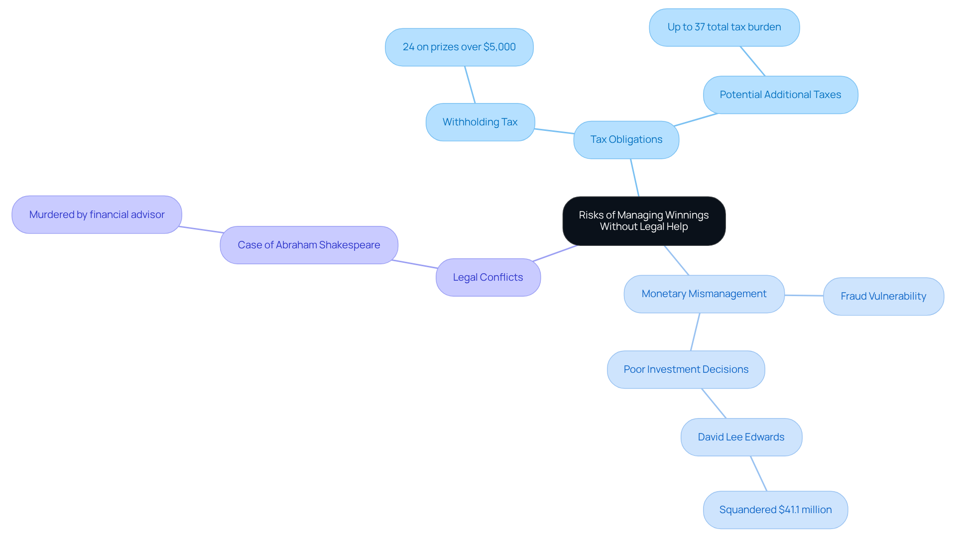 The central node represents the main topic, while the branches show different types of risks. Each sub-branch provides specific examples or details related to those risks, helping you understand the complexities involved.