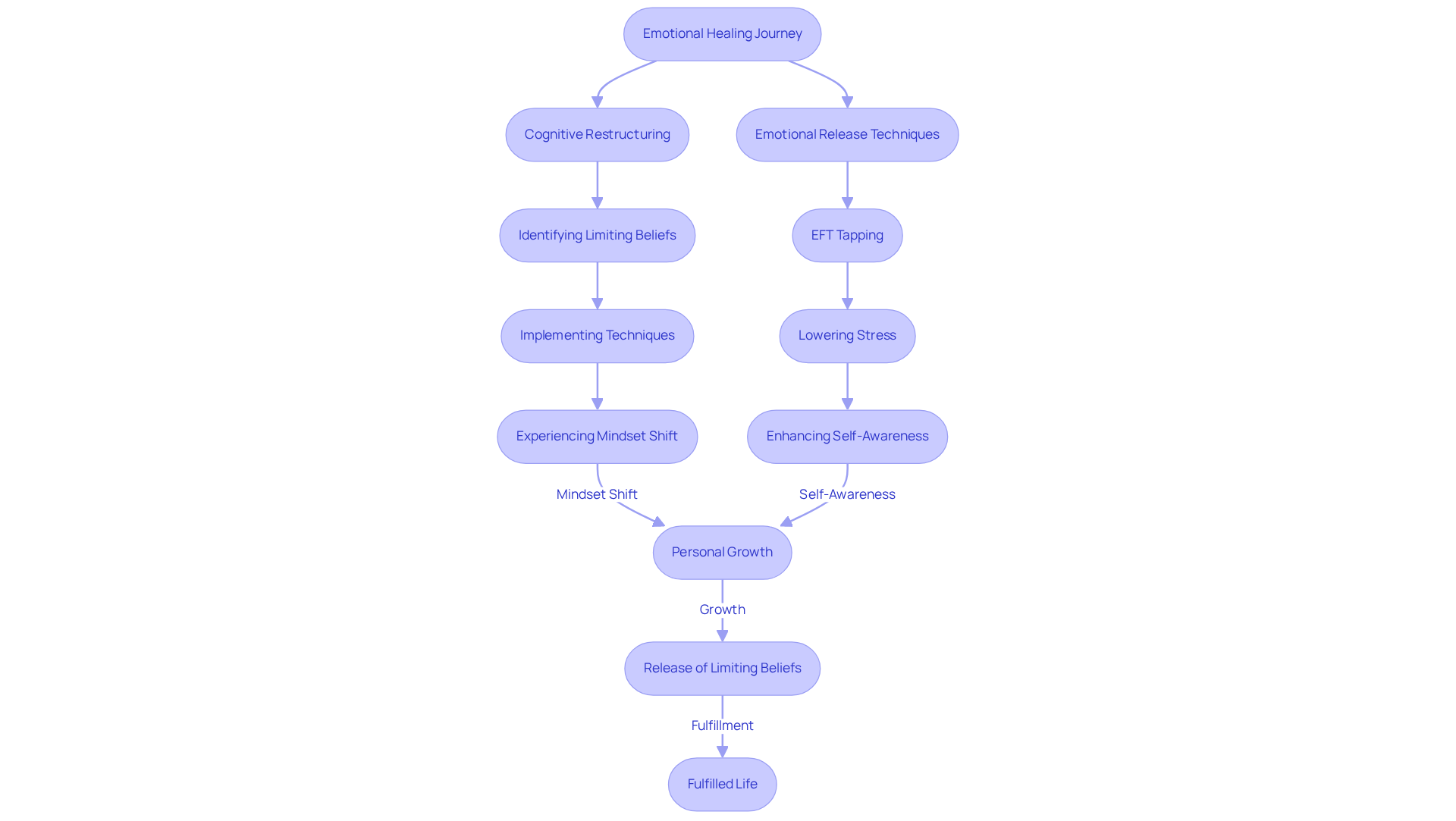 This flowchart illustrates the steps involved in emotional healing. Follow the arrows to see how each technique contributes to personal growth and the release of limiting beliefs, leading to a more fulfilled life.