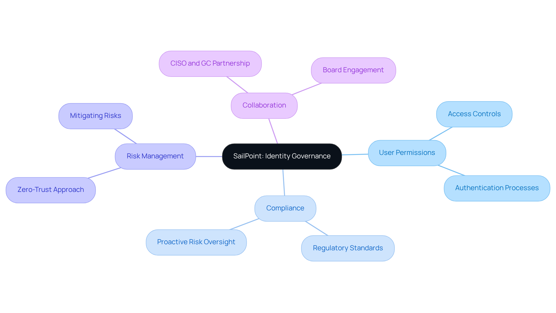 The central node represents SailPoint's governance platform, with branches showing key areas of focus. Each sub-branch details specific components or strategies, illustrating how they contribute to effective identity governance in financial institutions.