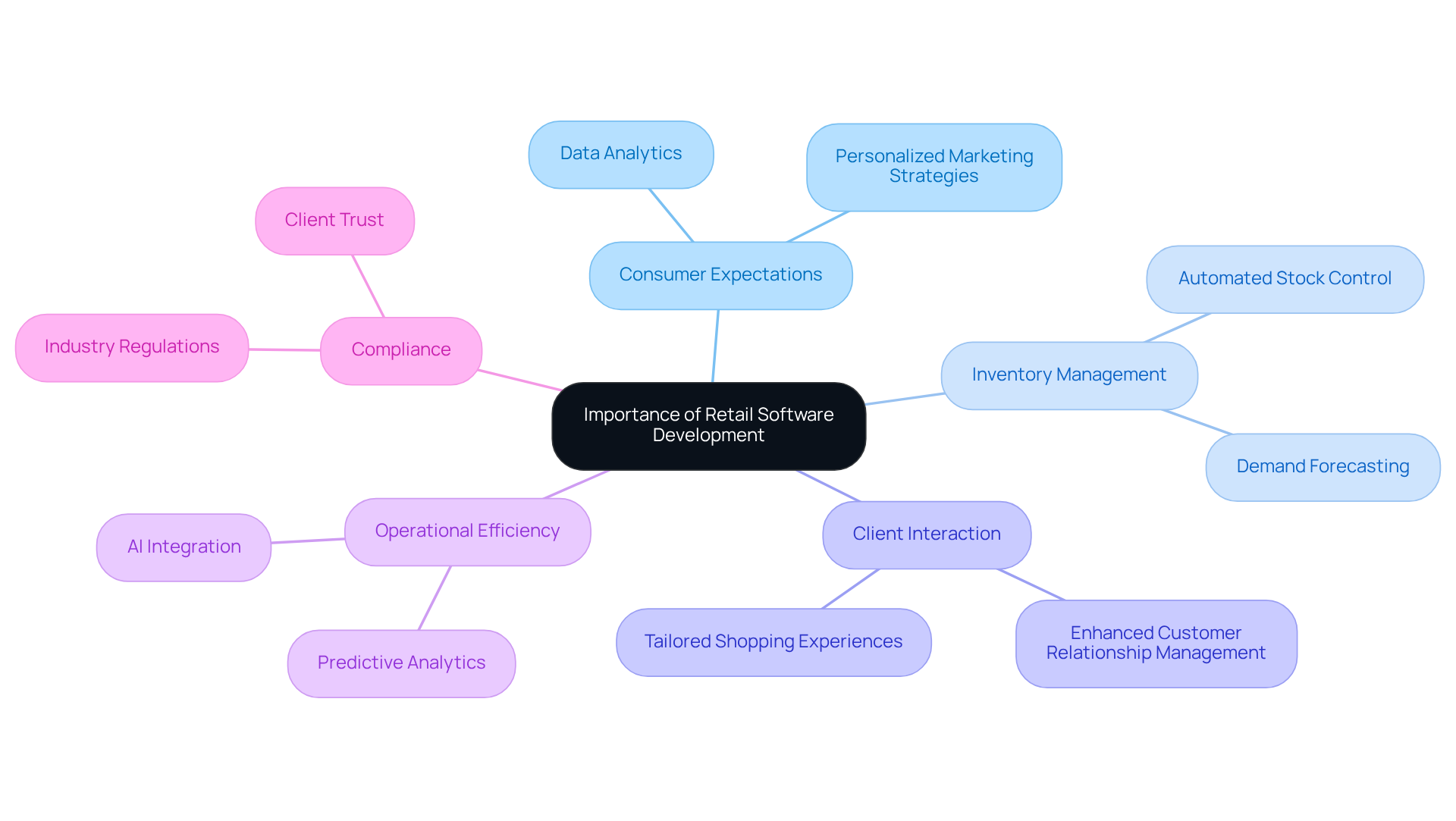 The central node represents the main topic, while the branches show key themes related to retail software development. Each sub-branch provides more detail on how these themes contribute to the overall importance.