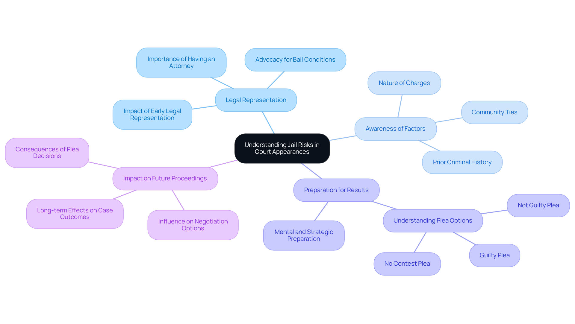 This mindmap starts with the central theme of understanding jail risks and branches out into key implications. Each branch represents a crucial aspect of navigating the criminal justice system, helping you see how they connect and influence one another.