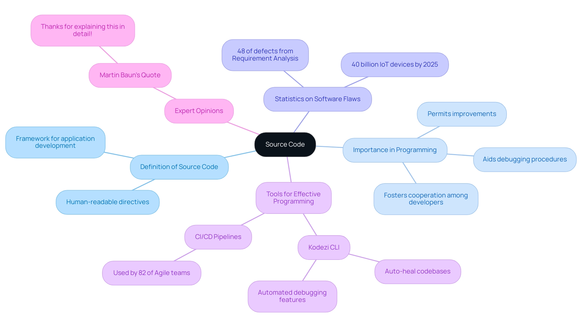 Each branch represents a key aspect of source code, with colors indicating different subtopics related to programming and software development.