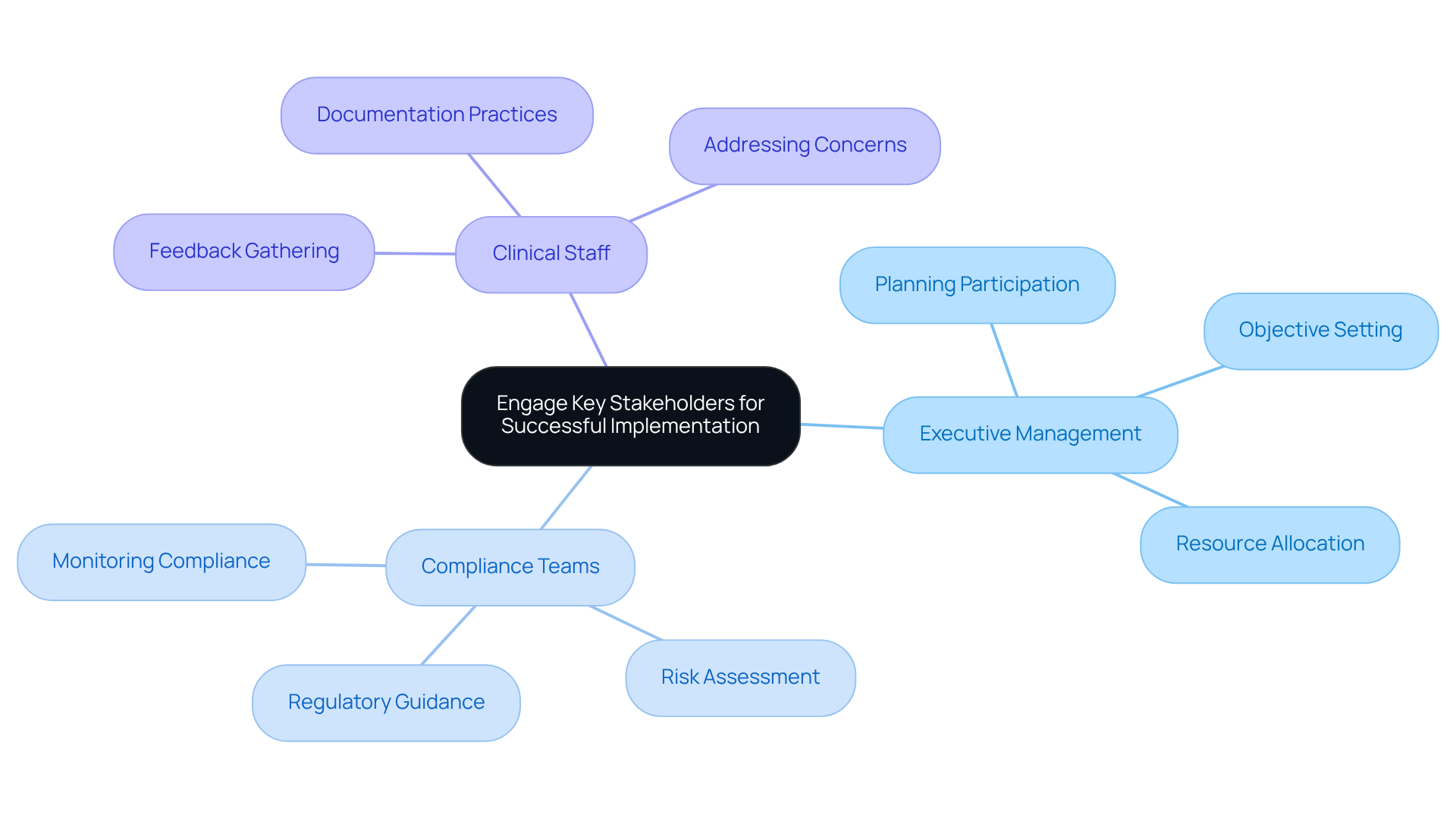 The central node represents the main focus on stakeholder engagement, while the branches show the key groups involved and their contributions to the RCM process. Each color-coded branch helps differentiate the roles and responsibilities of each stakeholder.