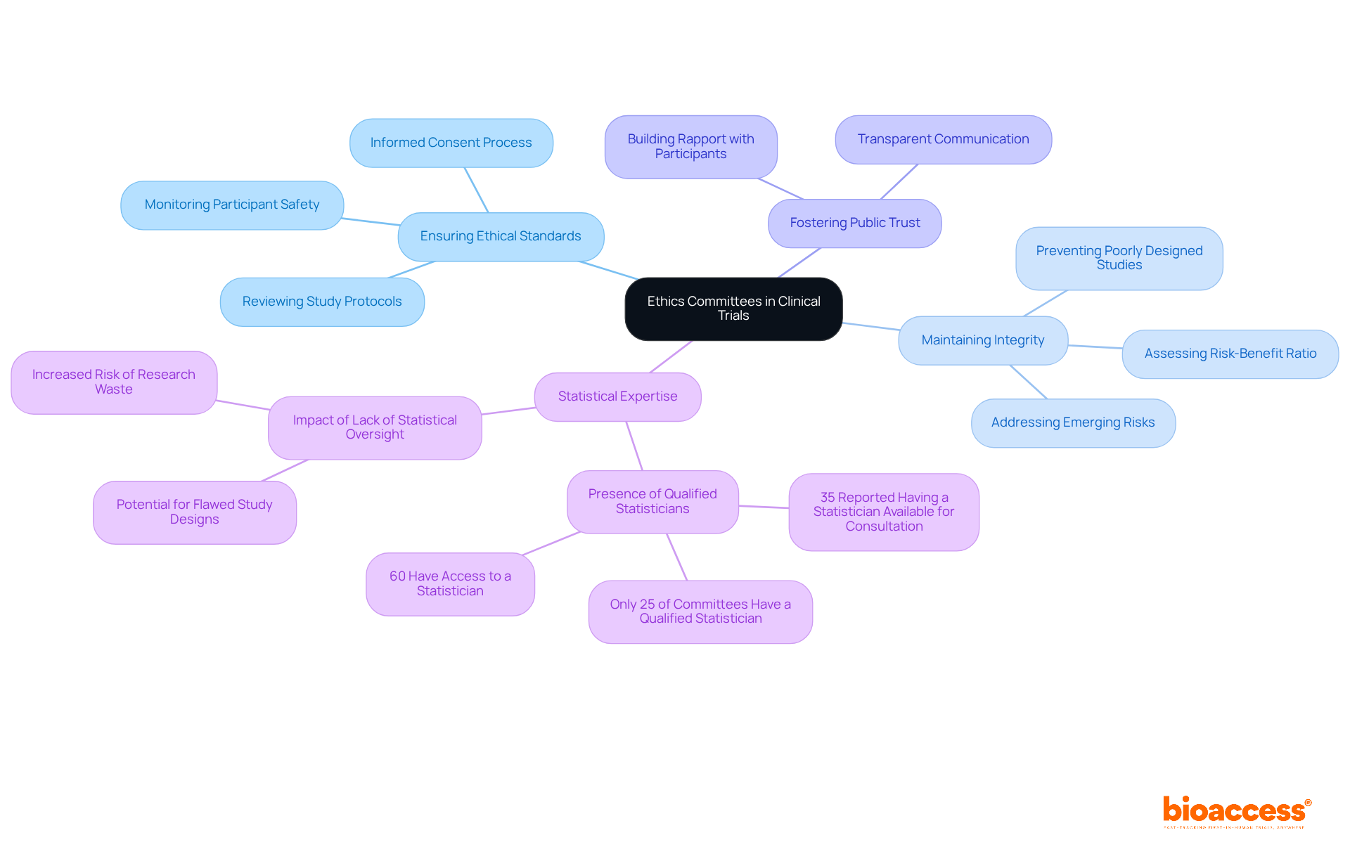 The central node represents the ethics committees, while the branches show their key responsibilities. The additional branch on statistical expertise highlights the importance of having qualified statisticians in these committees, with statistics illustrating their presence.