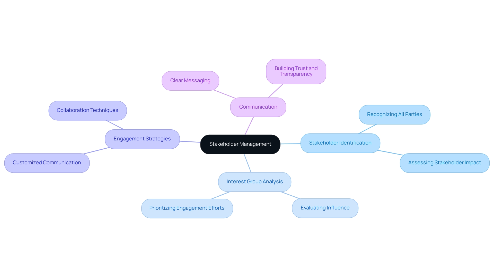 Each branch represents a key concept in stakeholder management, with sub-branches detailing specific methodologies or elements related to that concept.