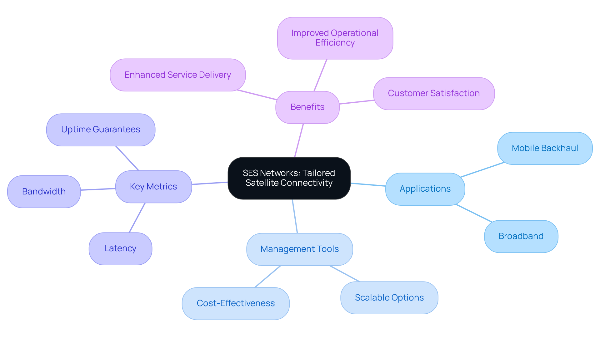 The central node represents SES Networks, while the branches show different aspects of their services. Each branch connects to specific details, helping you see how everything relates to the main theme.