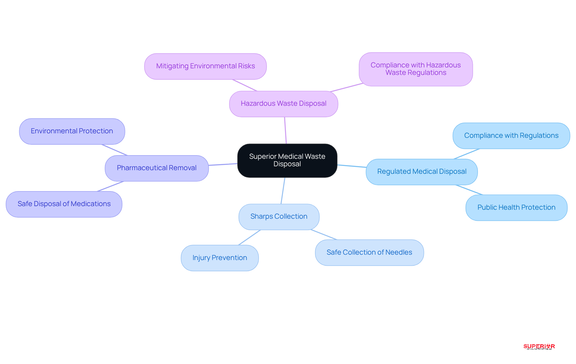 The central node represents the main service provider, while the branches show the different services offered. Each service is connected to the overall goal of safety and compliance, making it easy to understand how they contribute to effective waste management.