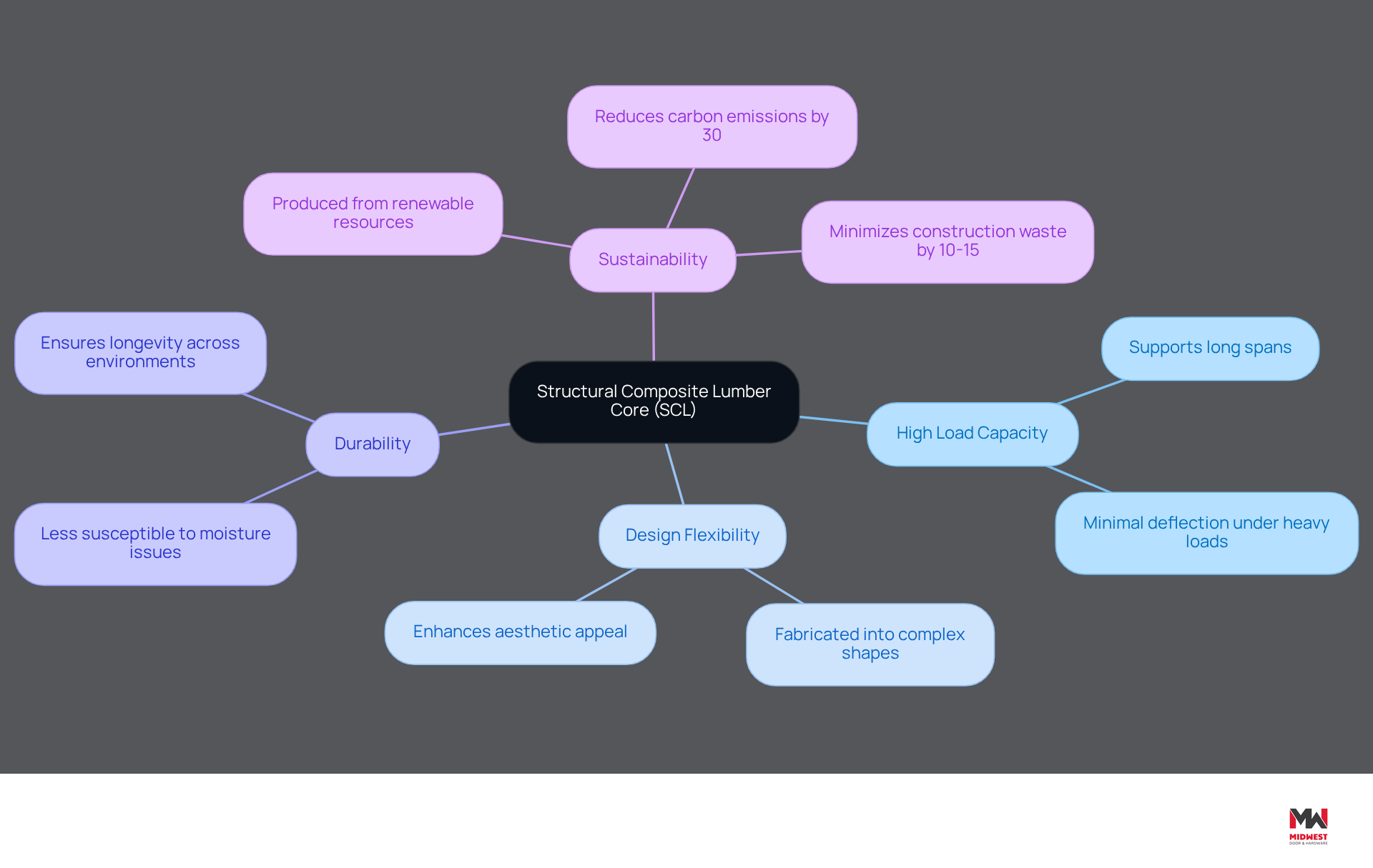 This mindmap illustrates the advantages of structural composite lumber core. Start at the center with SCL, then explore each branch to see the specific benefits. Each color-coded branch highlights a different advantage, making it easy to understand how SCL improves construction practices. This mindmap illustrates the advantages of structural composite lumber core. Start at the center with SCL, then explore each branch to see the specific benefits. Each color-coded branch highlights a different advantage, making it easy to understand how SCL improves construction practices.