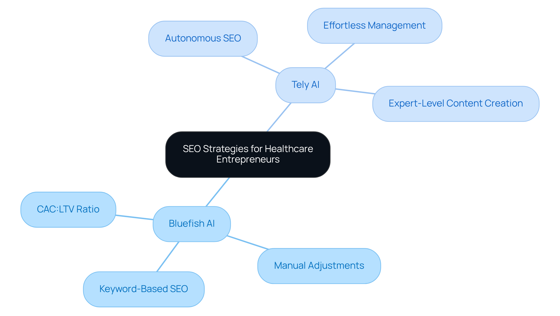 The central node represents the overall topic of SEO strategies, while the branches show the two different approaches. Each sub-branch highlights key features and benefits, helping you understand how each tool can support your business.