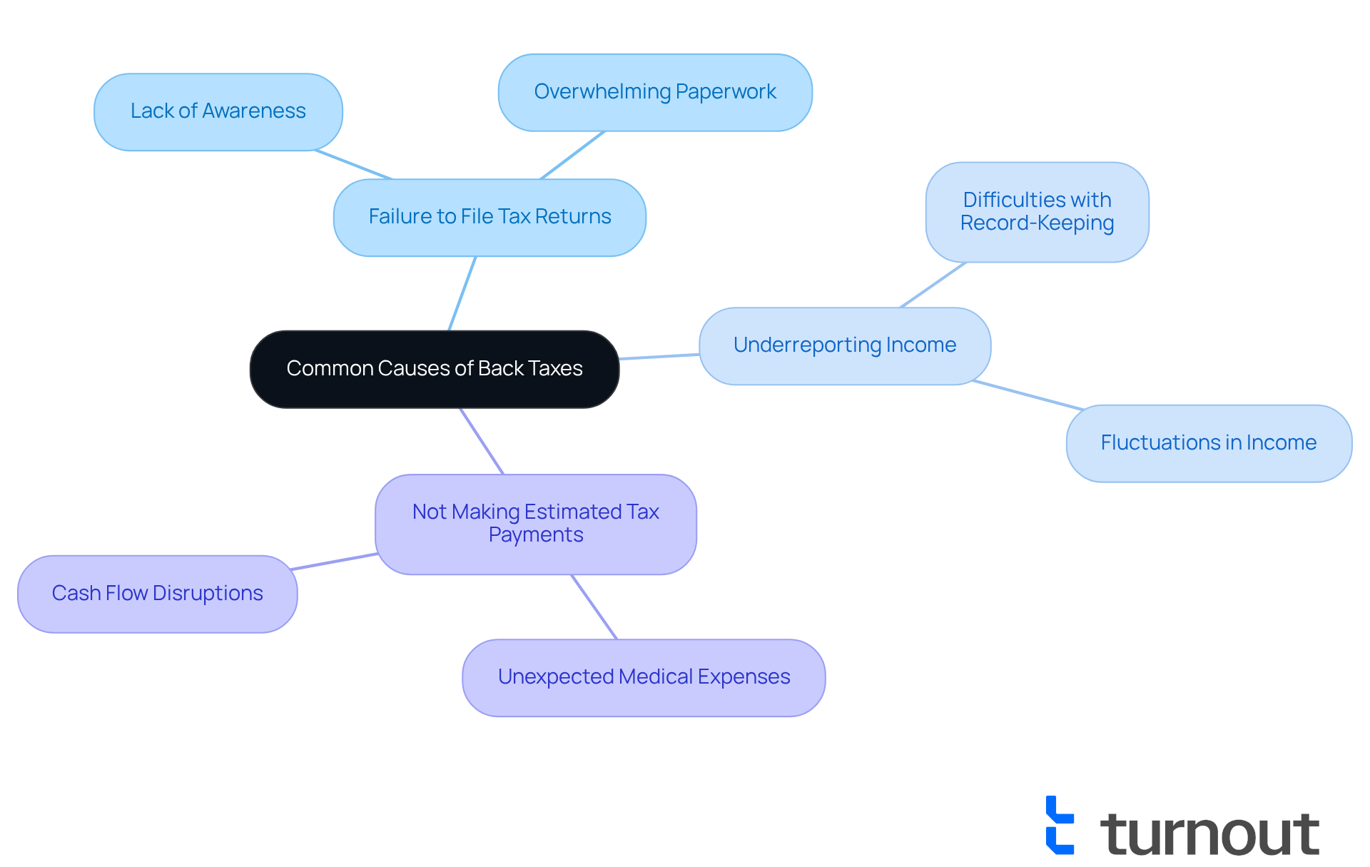 The central node represents back taxes, and each branch illustrates a specific cause. Sub-branches detail how these causes impact disabled individuals, helping to visualize the complexities of [tax responsibilities](https://myturnout.com/service/tax-relief-resolution).