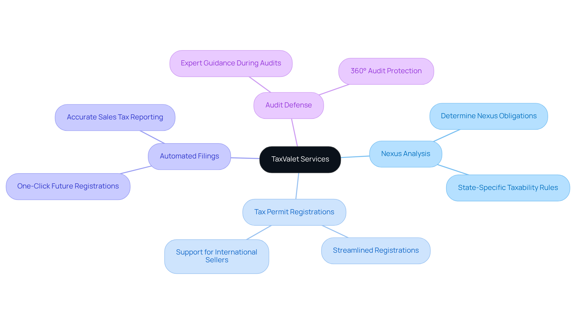 The center represents TaxValet's main offerings, with branches showing the specific services they provide. Each color-coded branch helps you quickly identify different areas of support for e-commerce businesses.
