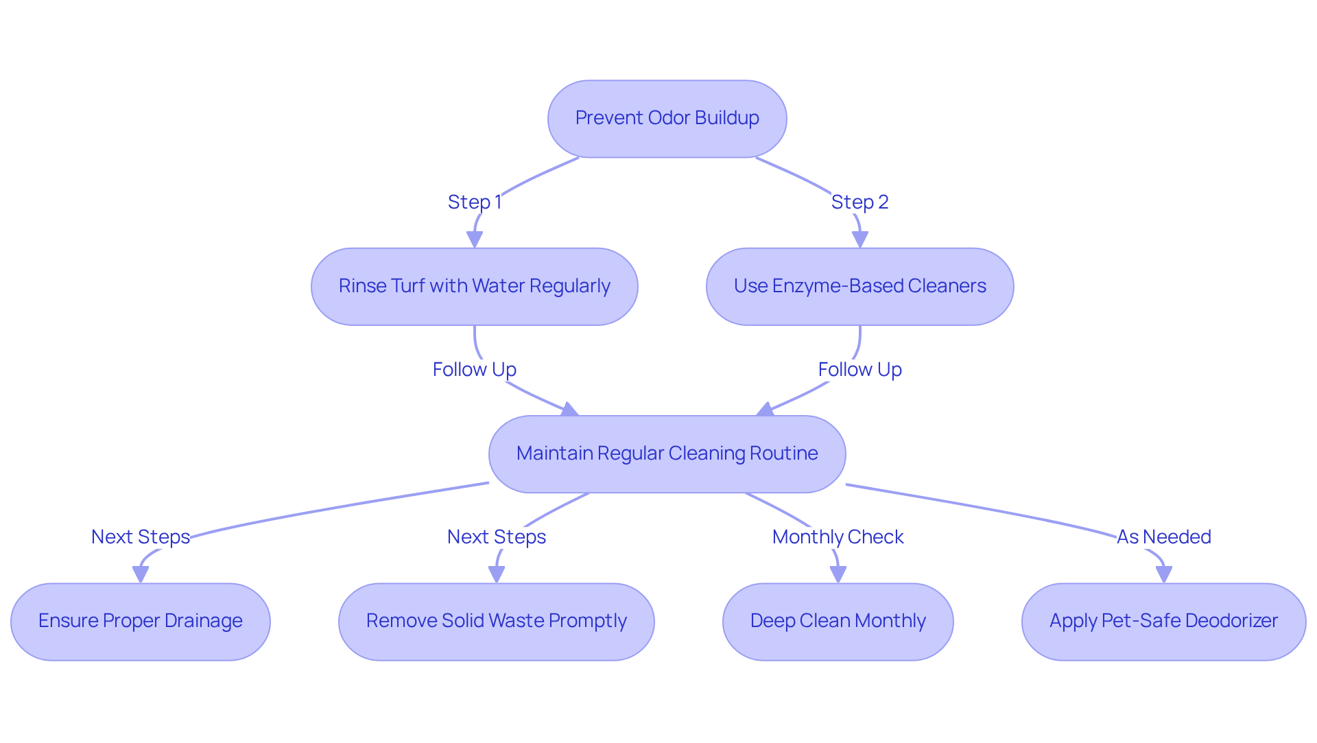 Follow the arrows to see the steps you need to take to keep your synthetic lawn smelling fresh. Start with rinsing, then use enzyme cleaners for the best results.