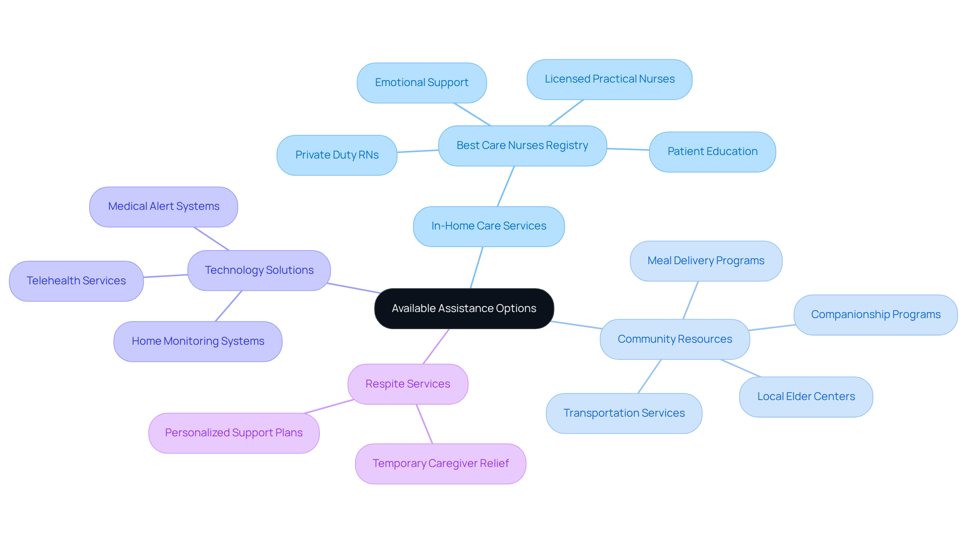 The center node shows the main topic, and each branch represents different types of assistance available for seniors, with further details on services provided under each category.