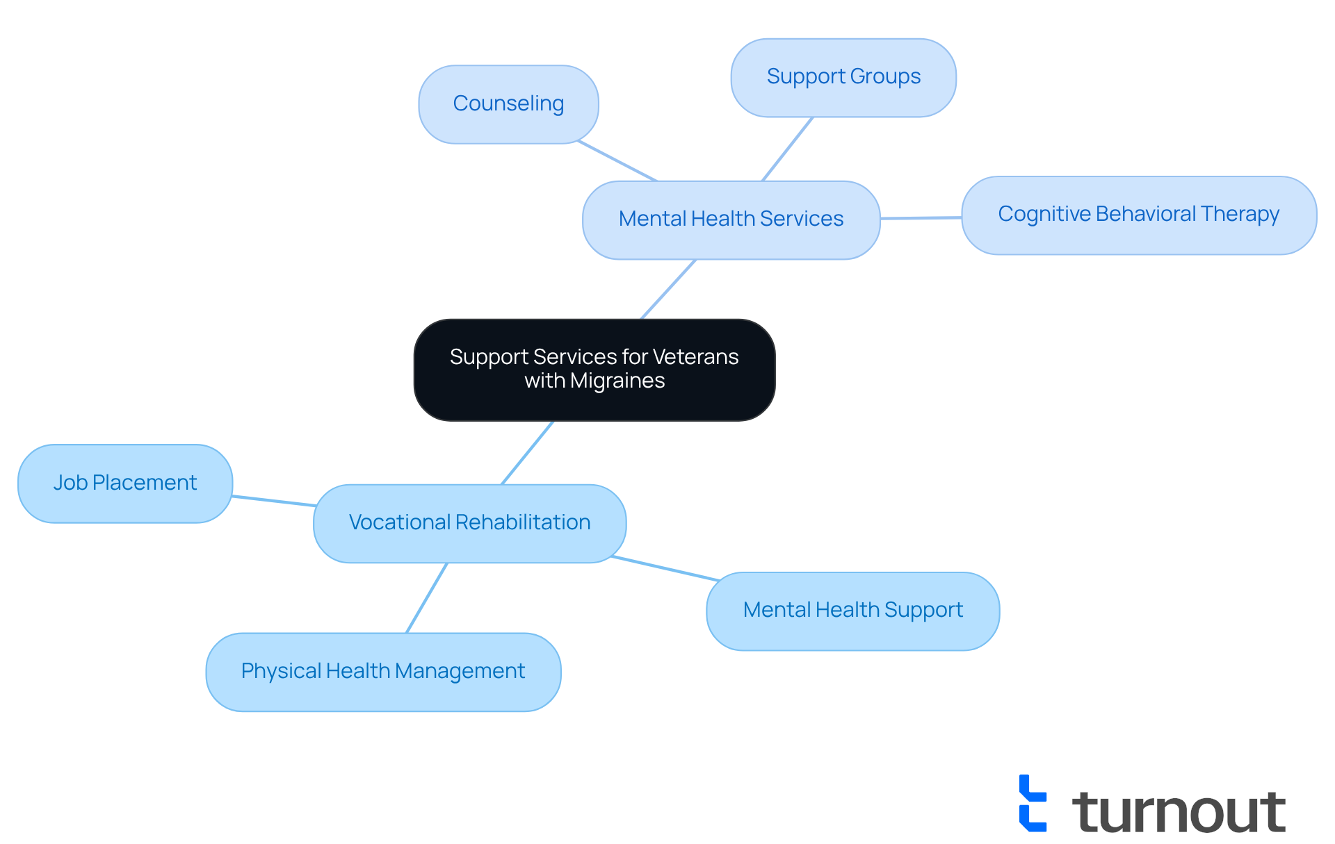 The central node represents the overall support aim, while the branches show specific services available to veterans. Each sub-point illustrates how these services contribute to their recovery and quality of life.
