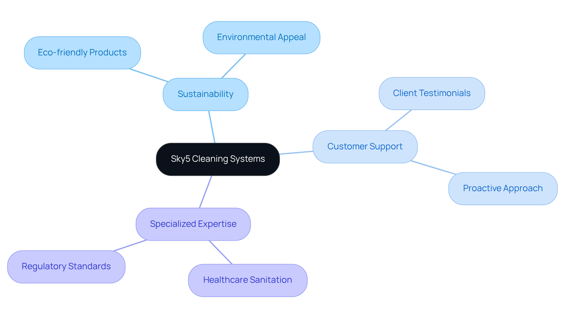 The central node represents Sky5 Cleaning Systems, while the branches illustrate the key strengths that make them stand out in the cleaning industry. Each color-coded branch highlights a different value proposition, showing how they contribute to the company's overall appeal.