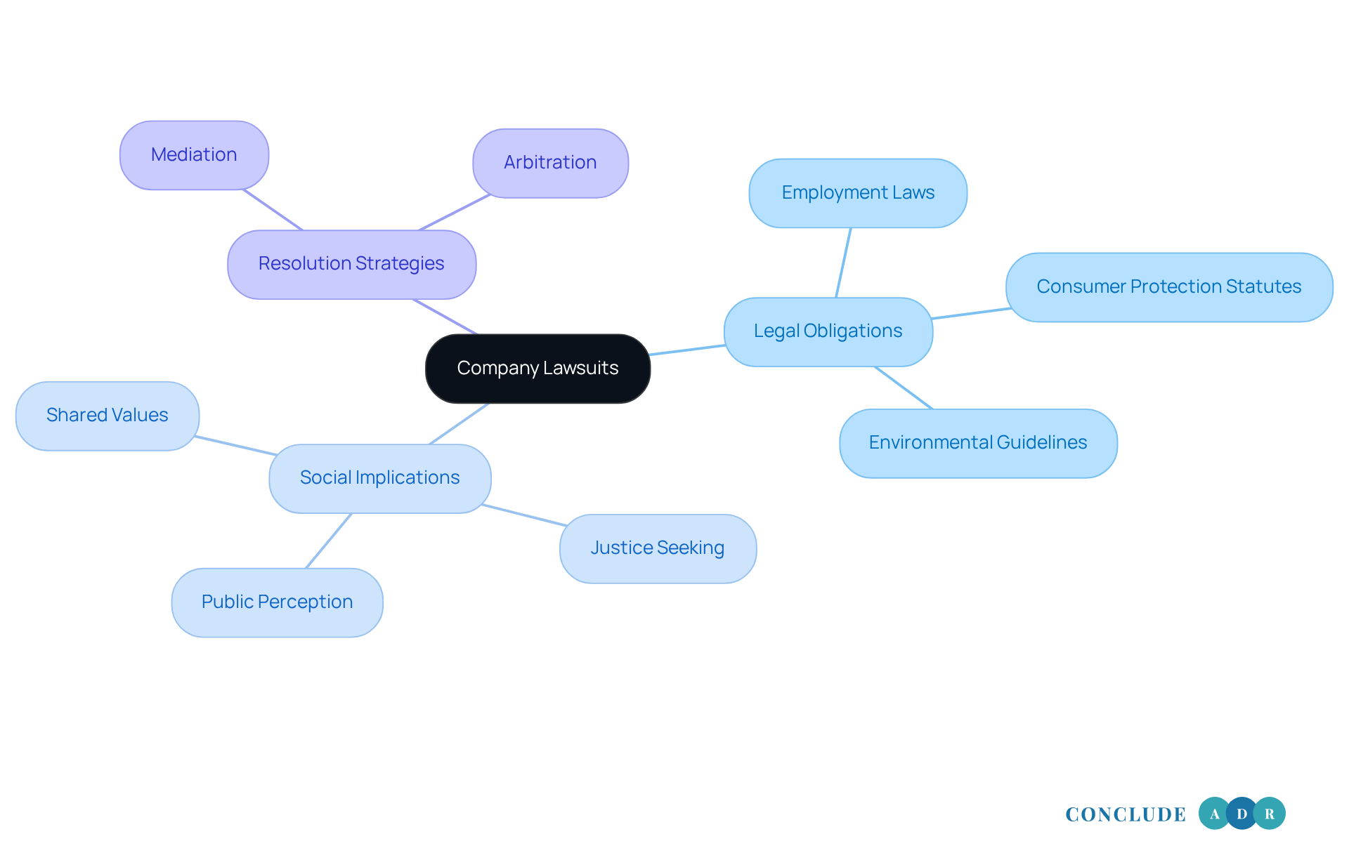 The central node represents the main topic of company lawsuits. The branches show the legal obligations companies must meet, the social implications of failing to meet these obligations, and potential resolution strategies. Each color-coded branch helps you navigate through the different aspects of the topic.