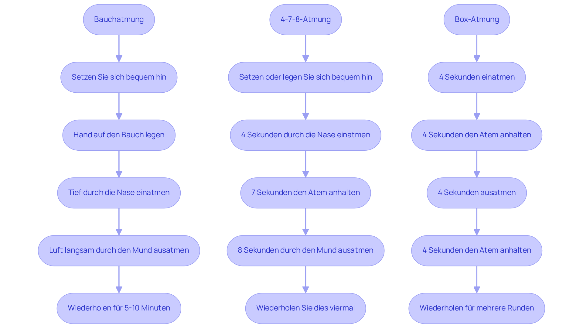 Jeder Abschnitt zeigt eine Atemtechnik mit den dazugehörigen Schritten. Folgen Sie den Pfeilen, um zu sehen, wie Sie jede Technik anwenden können, um Ihre Emotionen zu verarbeiten. Jeder Abschnitt zeigt eine Atemtechnik mit den dazugehörigen Schritten. Folgen Sie den Pfeilen, um zu sehen, wie Sie jede Technik anwenden können, um Ihre Emotionen zu verarbeiten.